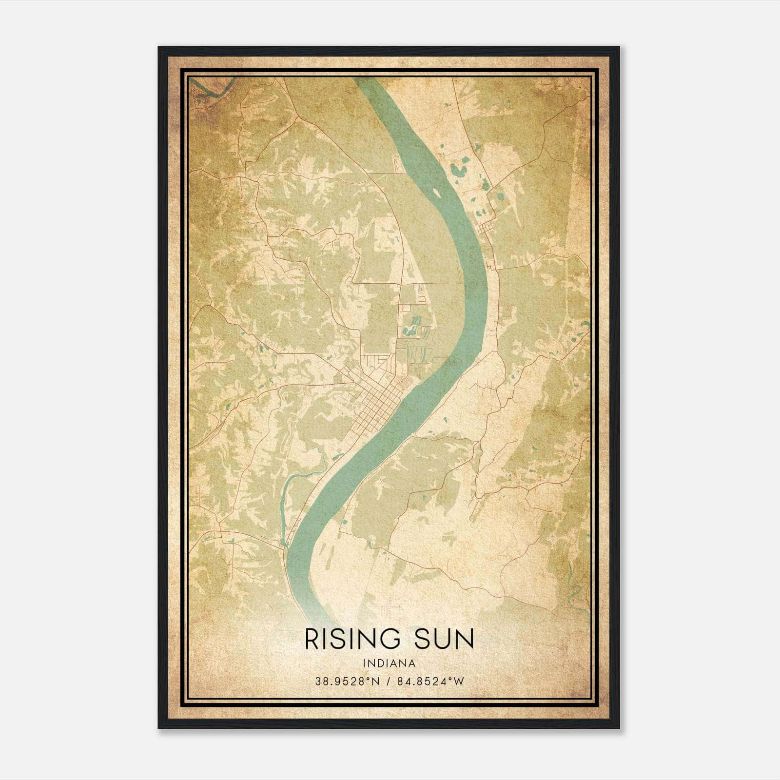 Vintage Rising Sun Indiana Map Poster, Rising Sun IN City Road Wall Art ...