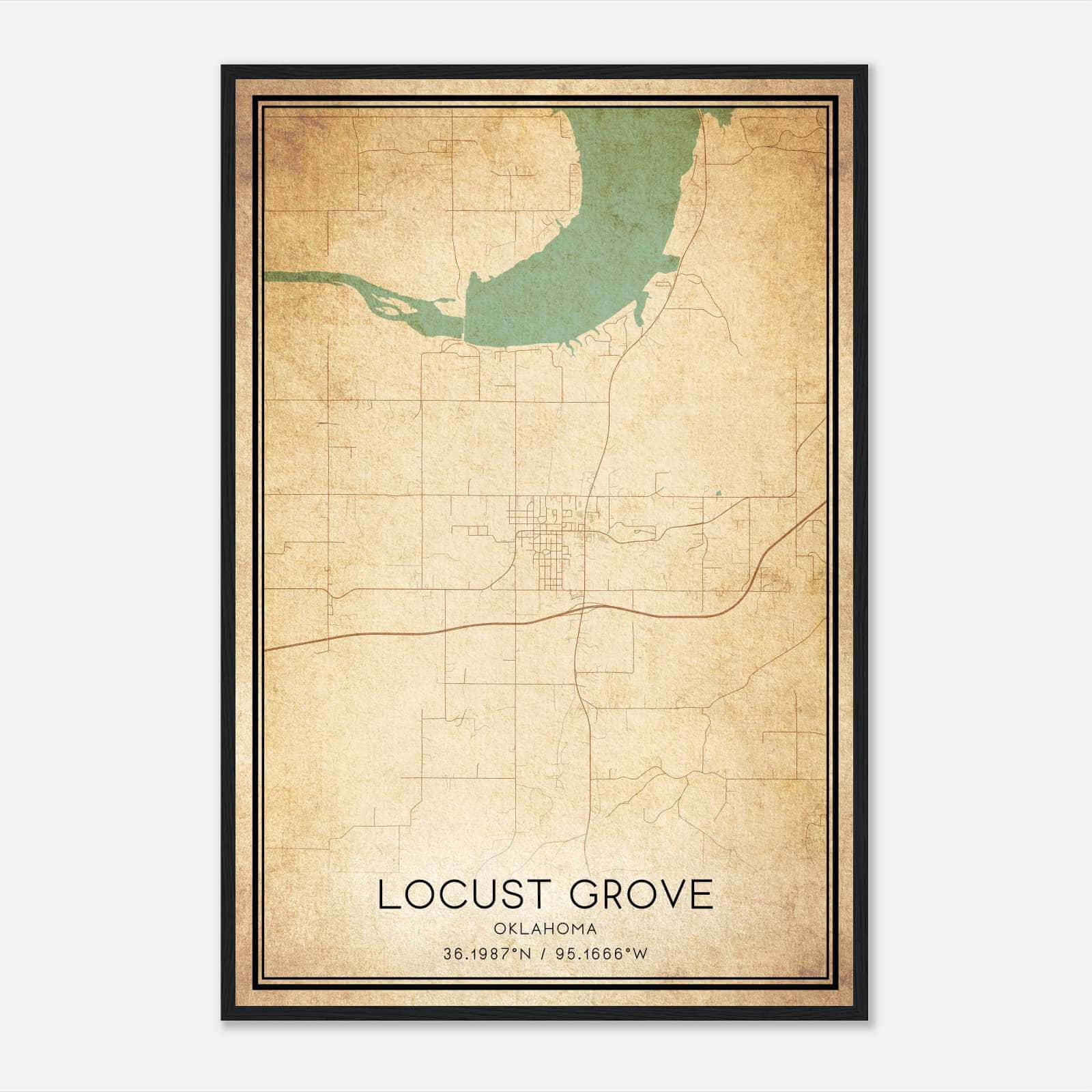 Vintage Locust Grove Oklahoma Map Poster, Locust Grove OK City Road ...