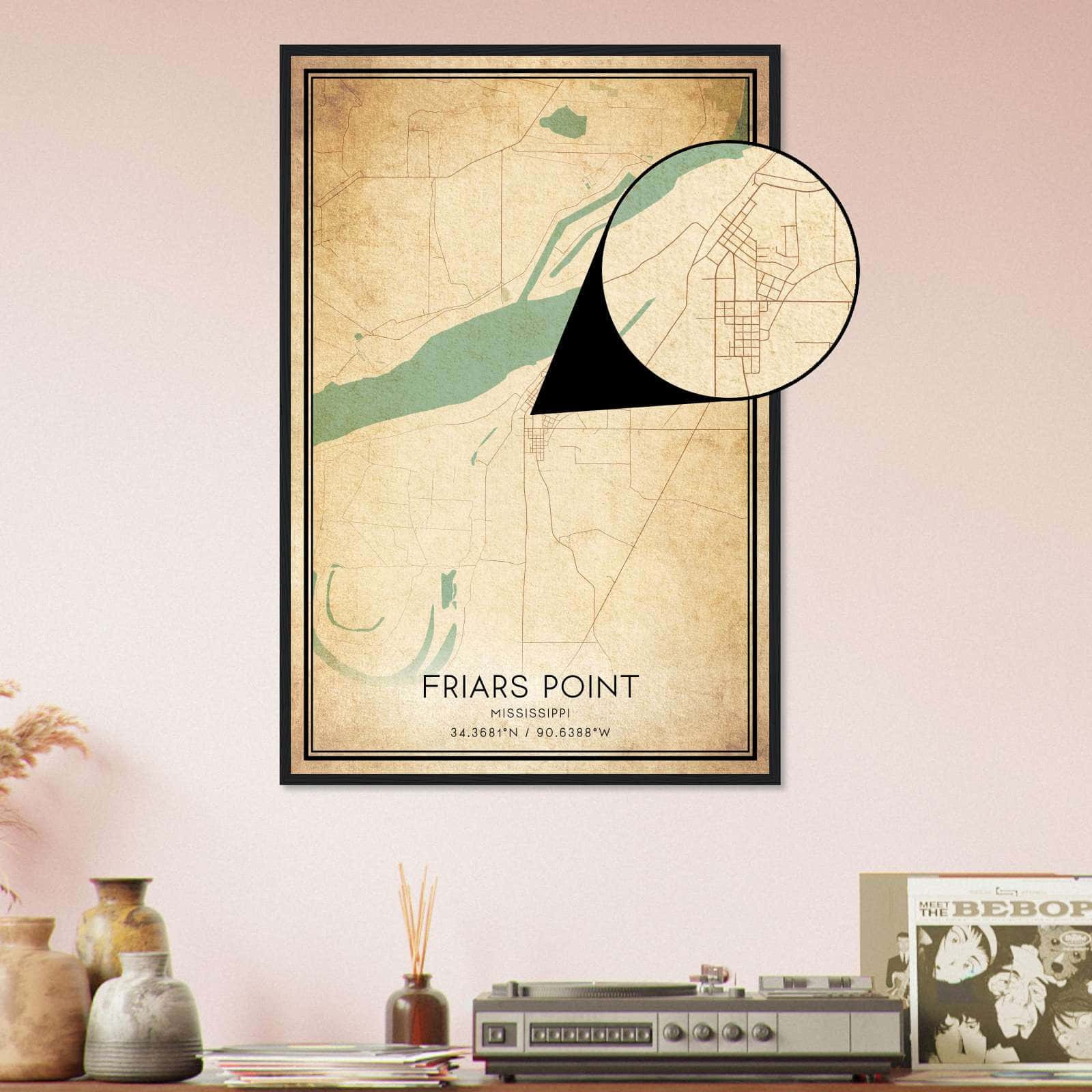 Vintage Friars Point Mississippi Map Poster, Friars Point MS City Road ...