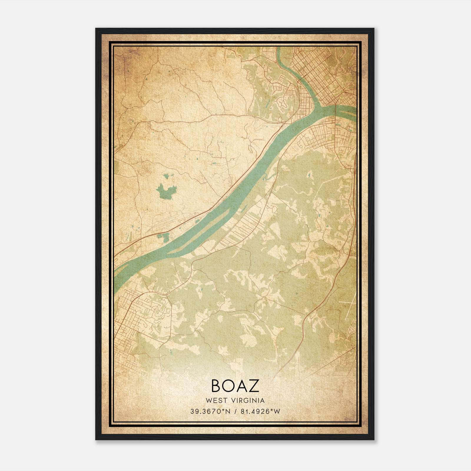 Vintage Boaz West Virginia Map Poster, Boaz WV City Road Wall Art Print ...