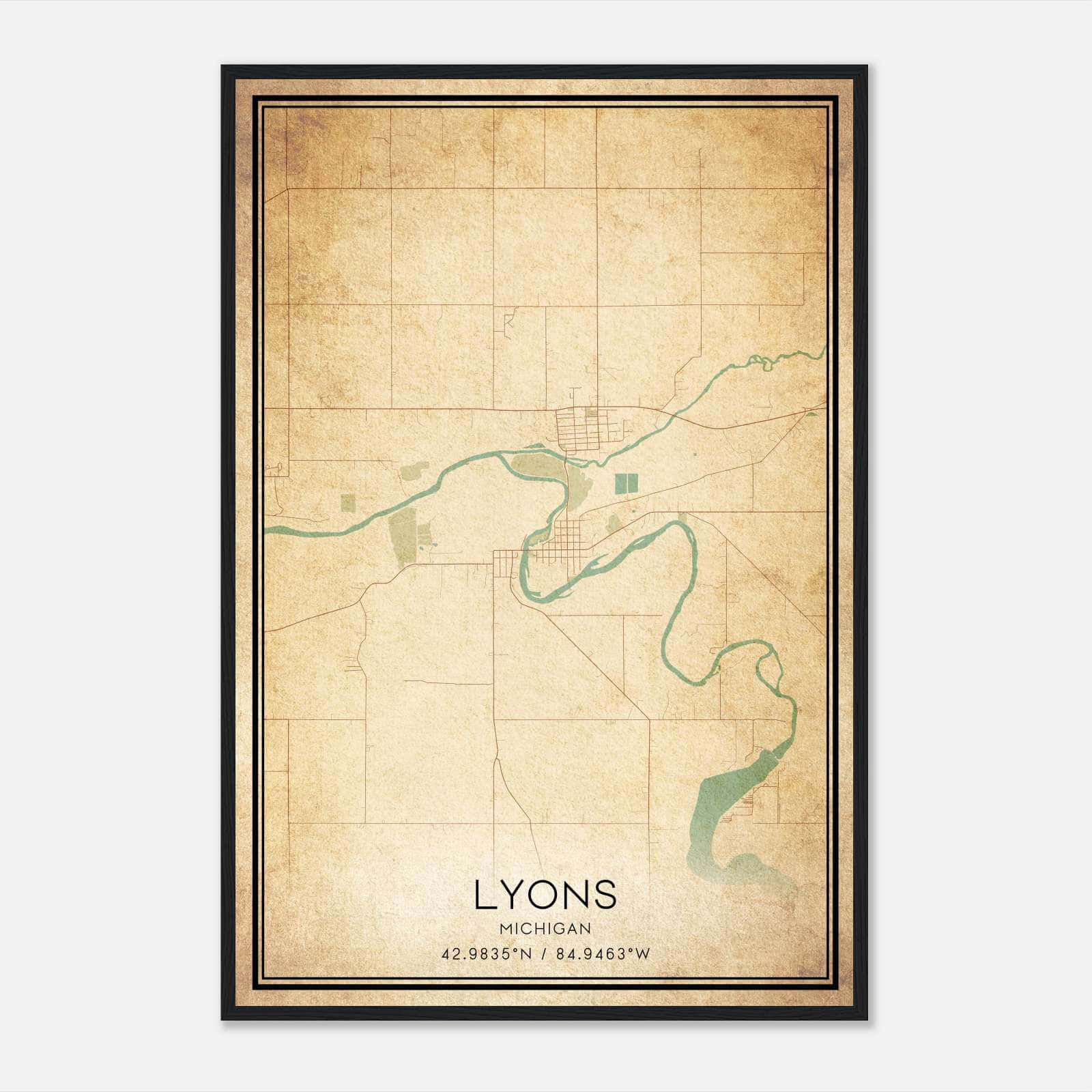 Vintage Lyons Michigan Map Poster, Lyons MI City Road Wall Art Print ...