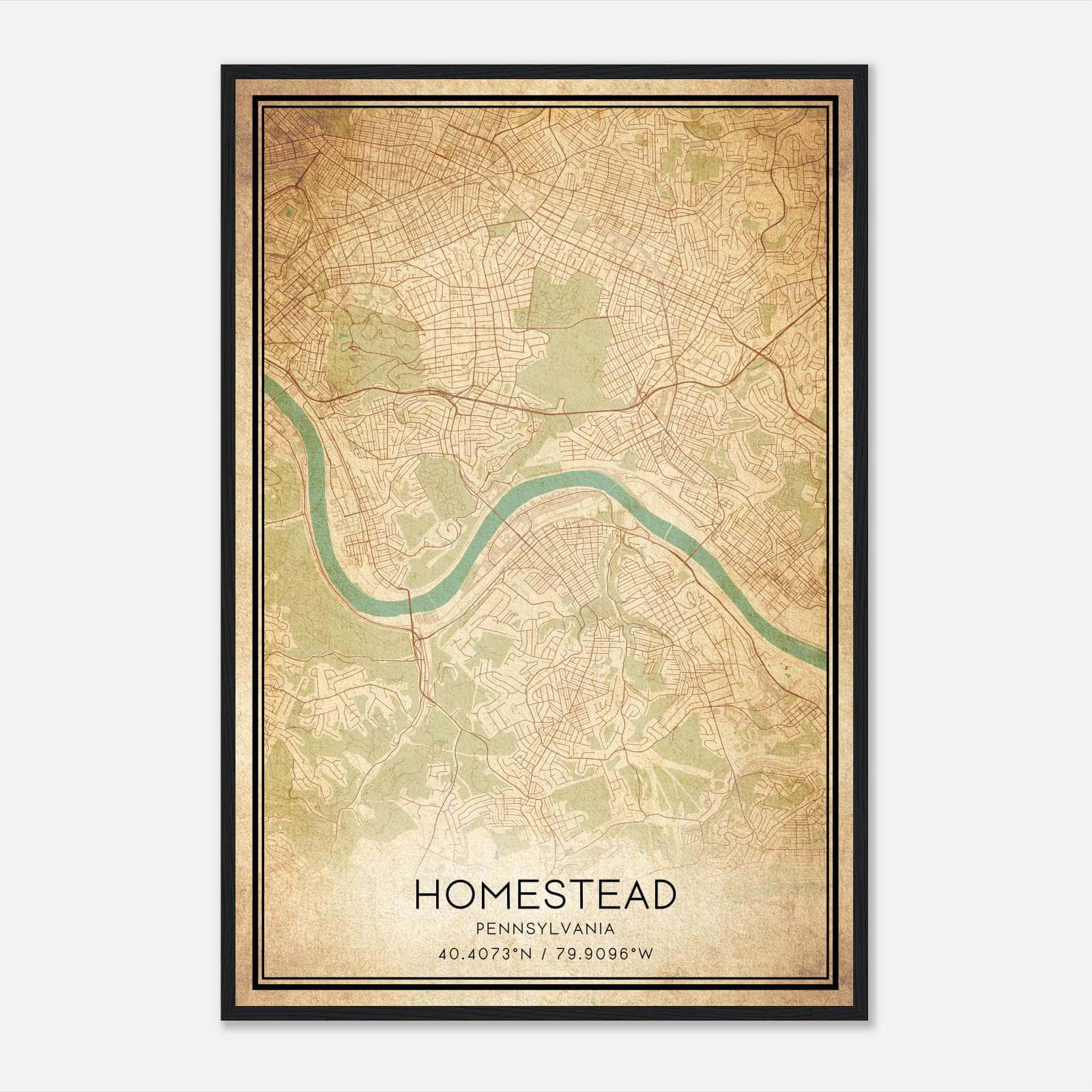 Vintage Homestead Pennsylvania Map Poster, Homestead PA City Road Wall ...