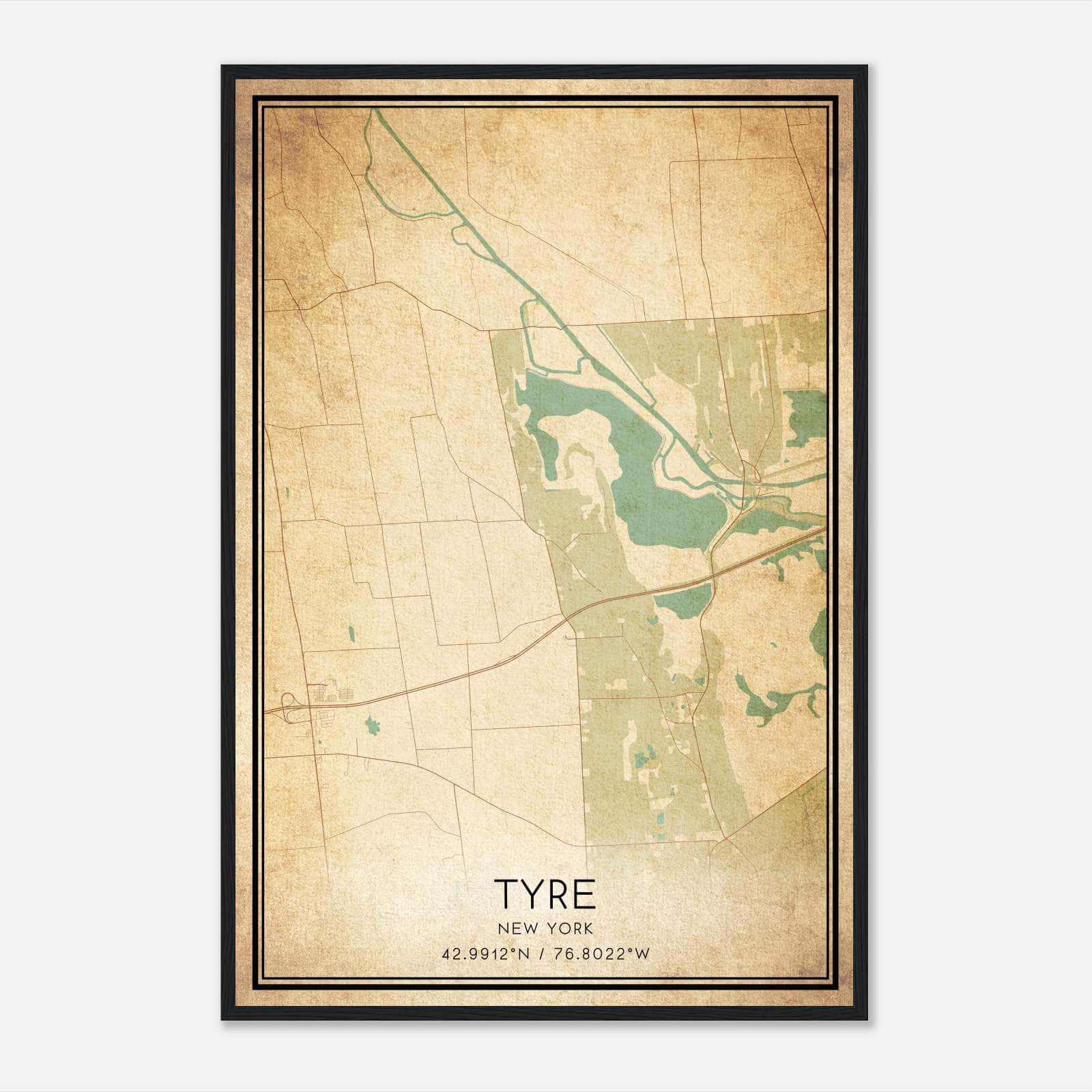 Vintage Tyre New York Map Poster, Tyre NY City Road Wall Art Print - Custom Maps & Posters