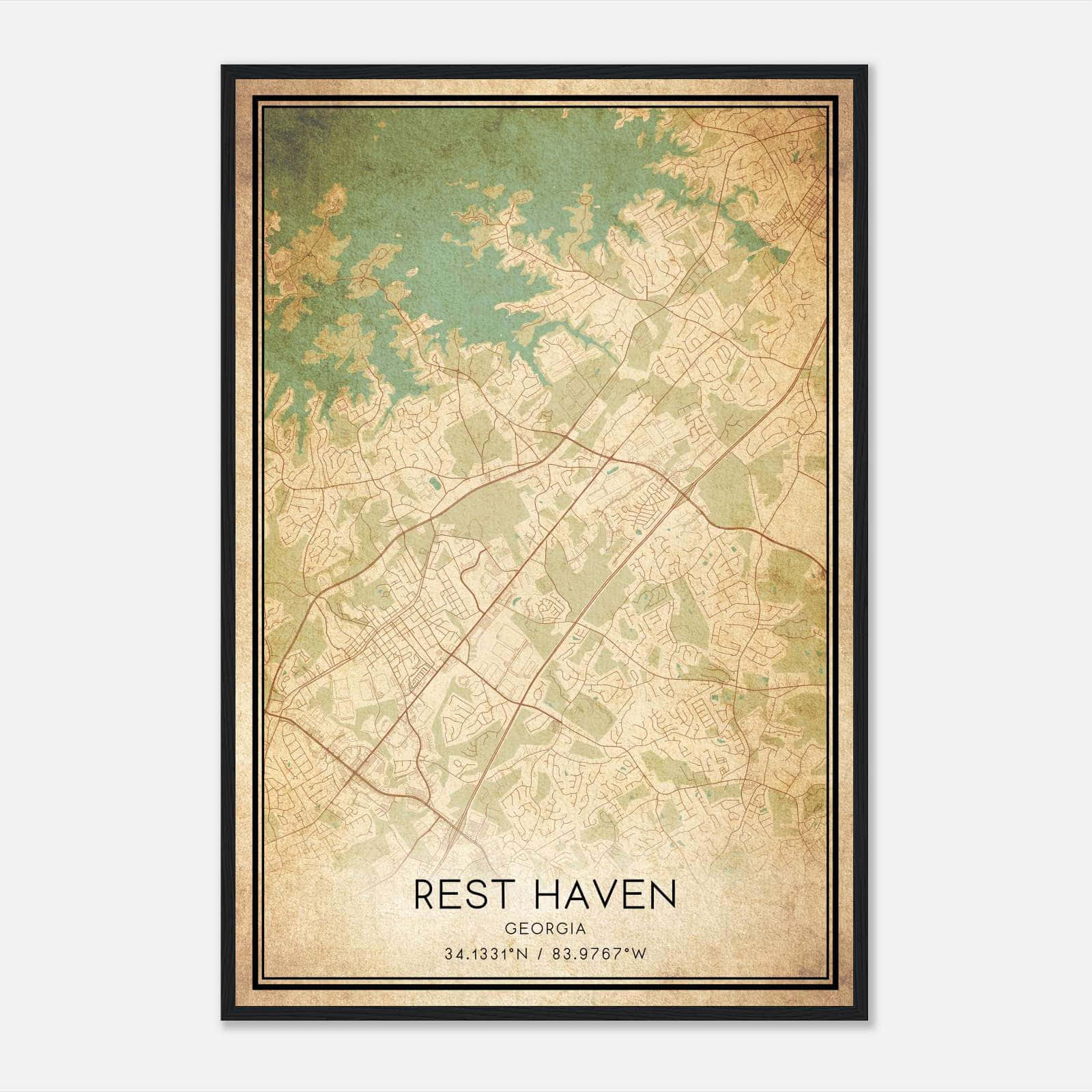 Vintage Rest Haven Georgia Map Poster, Rest Haven GA City Road Wall Art ...