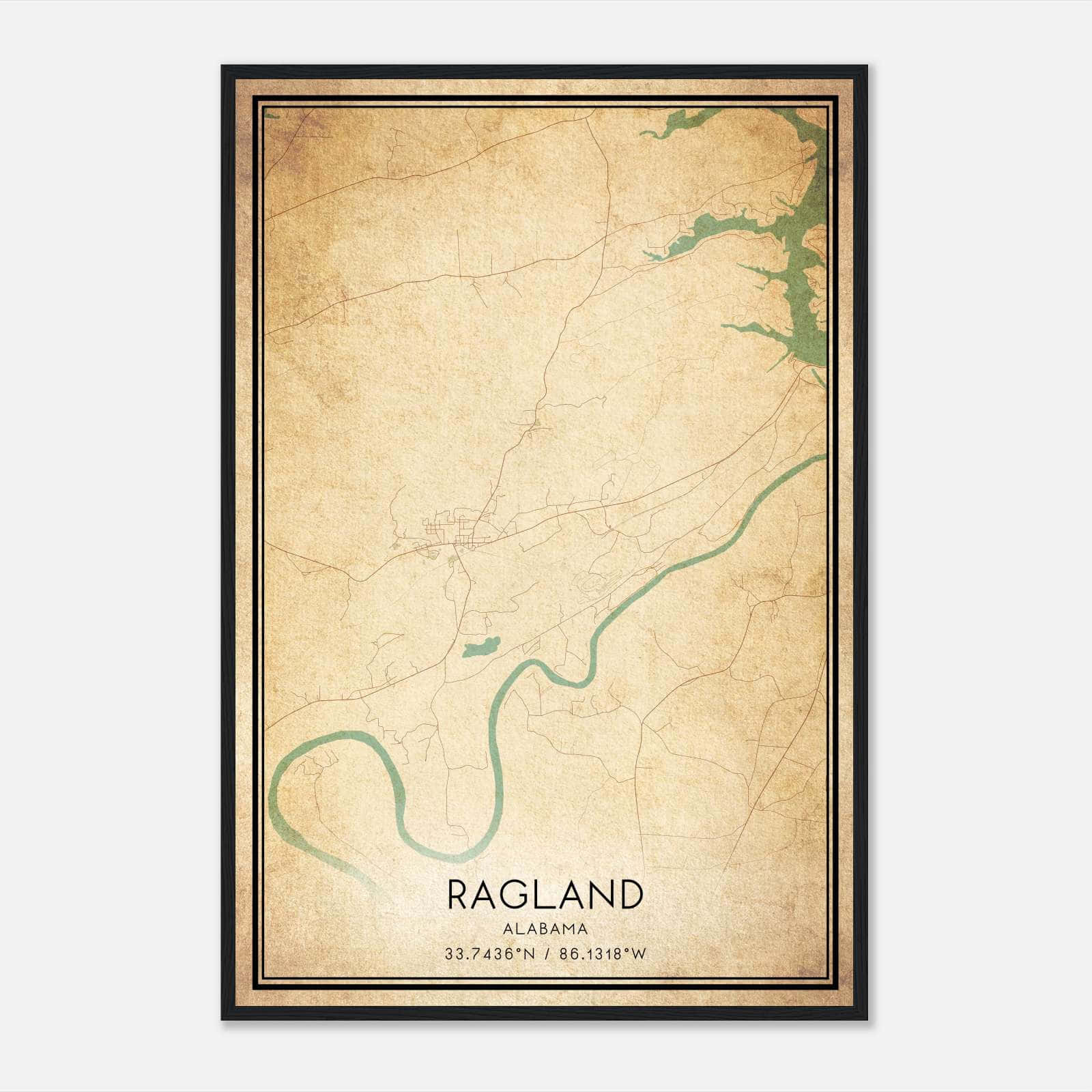 Vintage Ragland Alabama Map Poster, Ragland AL City Road Wall Art Print - Custom Maps & Posters