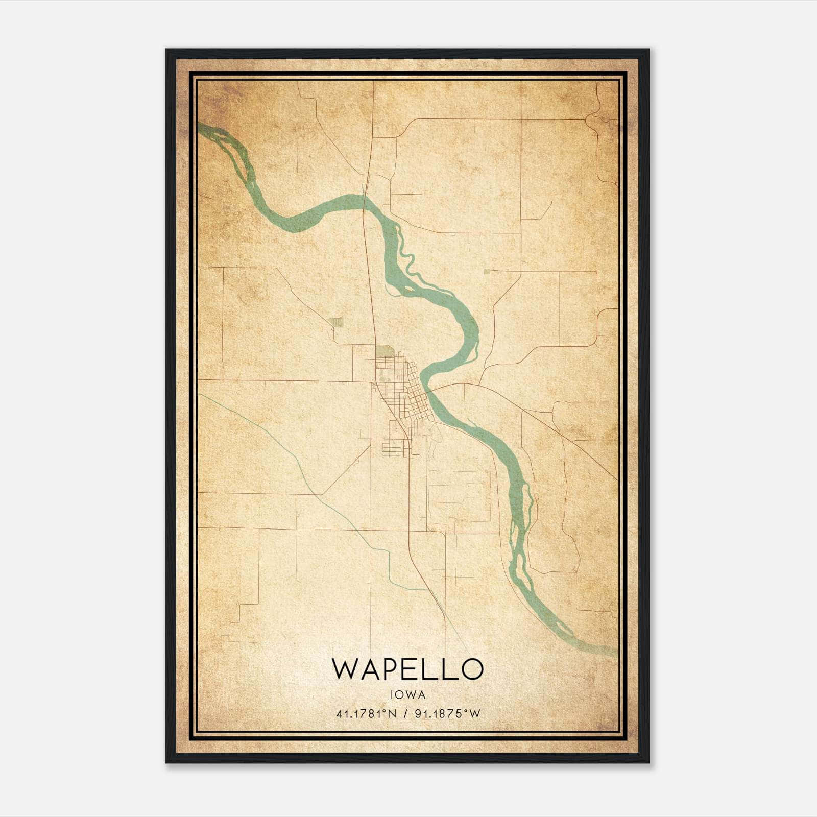 Vintage Wapello Iowa Map Poster, Wapello IA City Road Wall Art Print ...