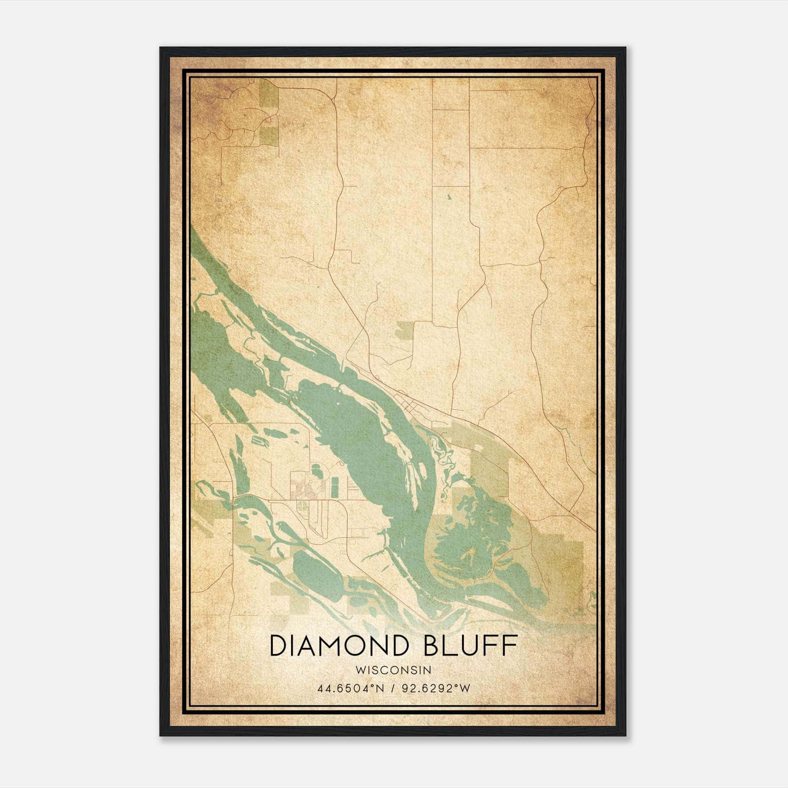 Vintage Diamond Bluff Wisconsin Map Poster, Diamond Bluff WI City Road ...
