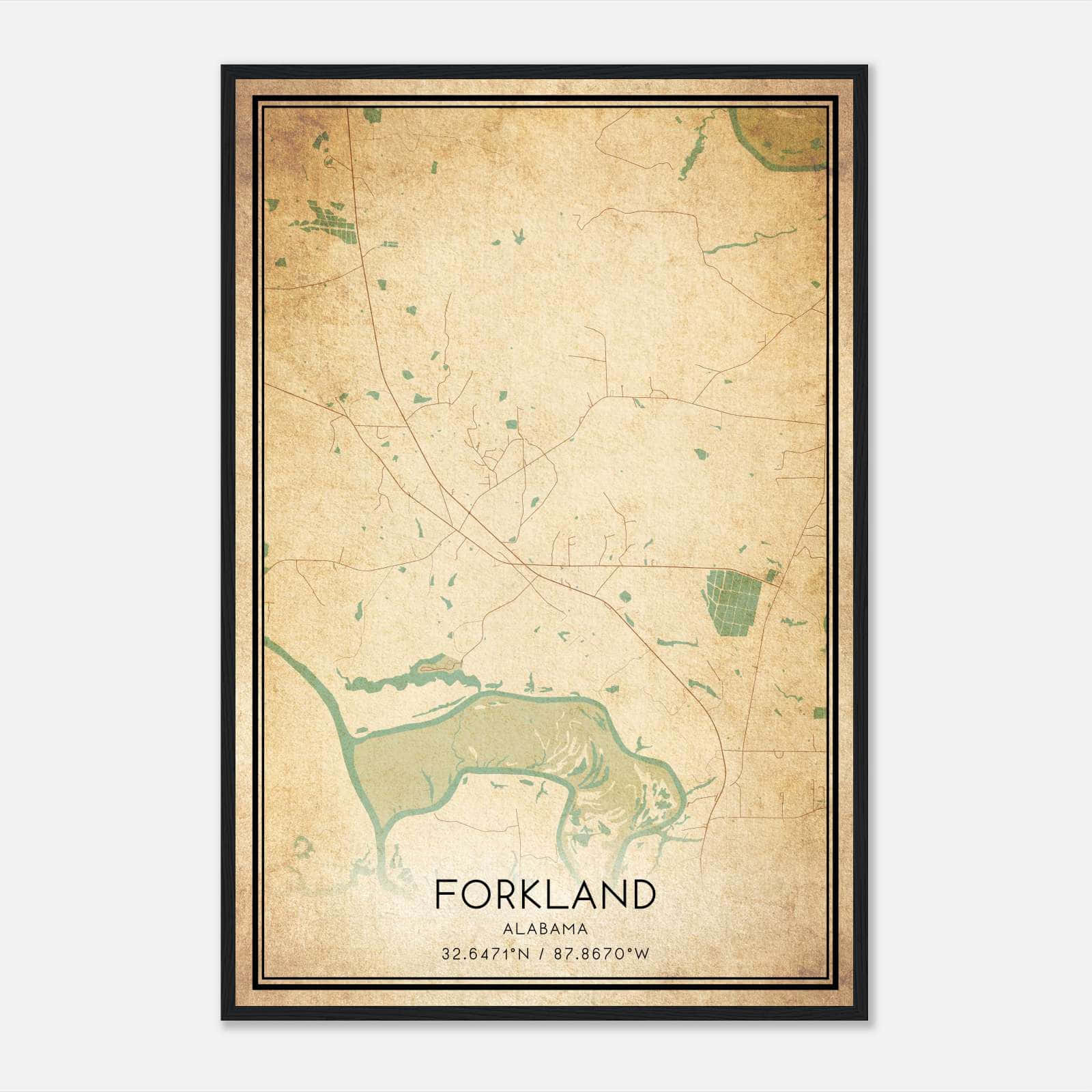 Vintage Forkland Alabama Map Poster, Forkland AL City Road Wall Art Print - Custom Maps & Posters