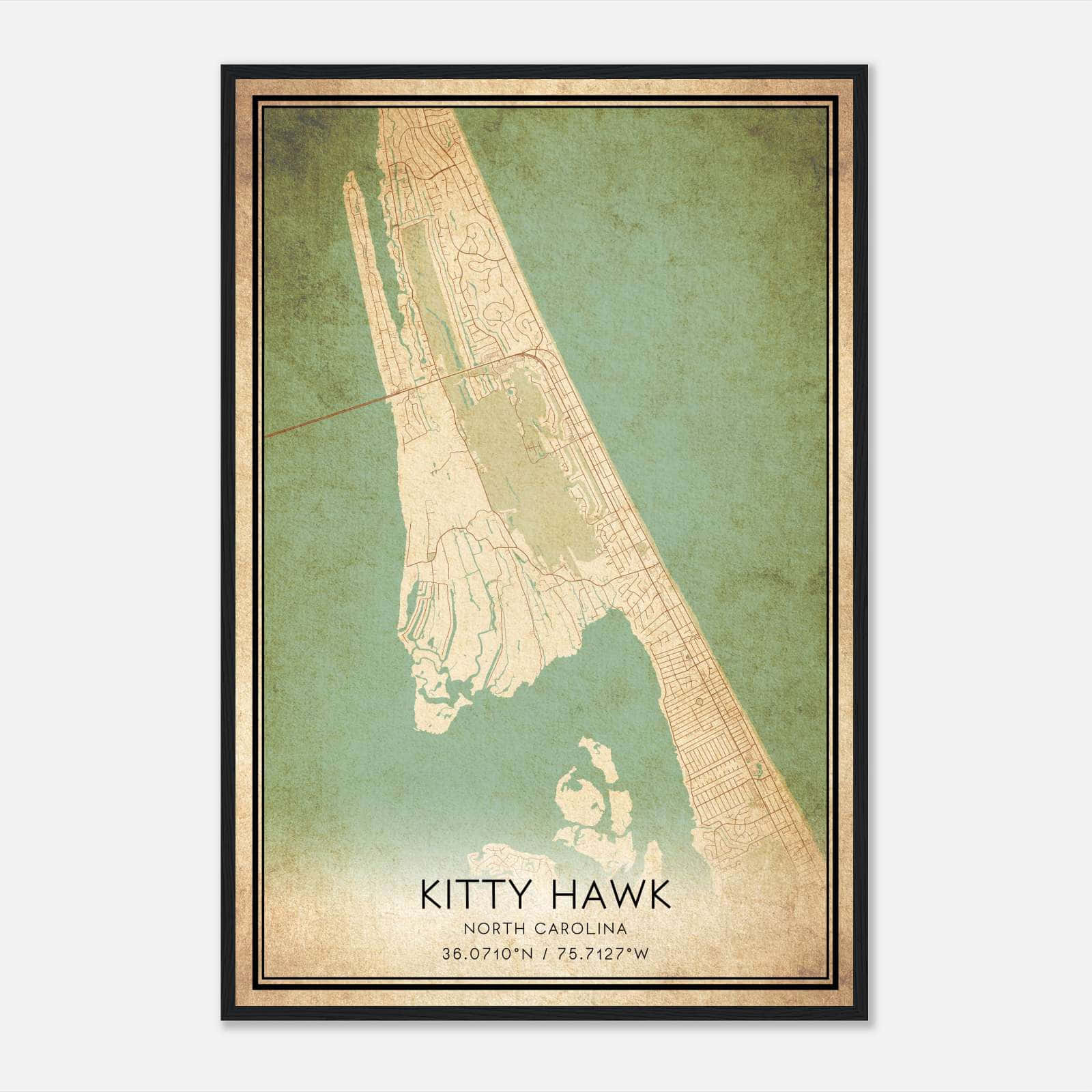 Vintage Kitty Hawk North Carolina Map Poster, Kitty Hawk NC City Road ...