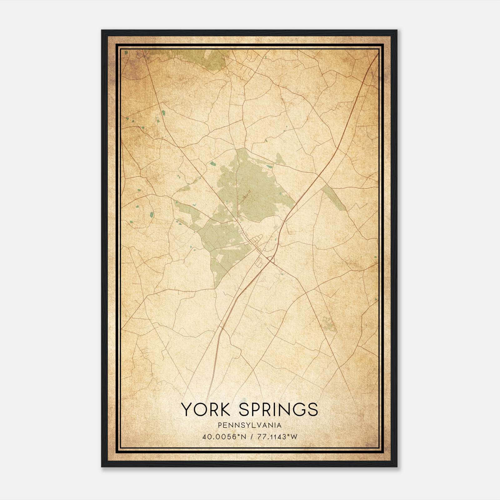 Vintage York Springs Pennsylvania Map Poster, York Springs PA City Road ...