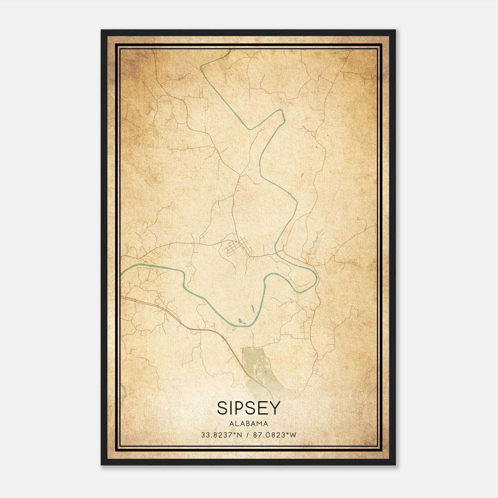 Vintage Sipsey Alabama Map Poster, Sipsey AL City Road Wall Art Print ...