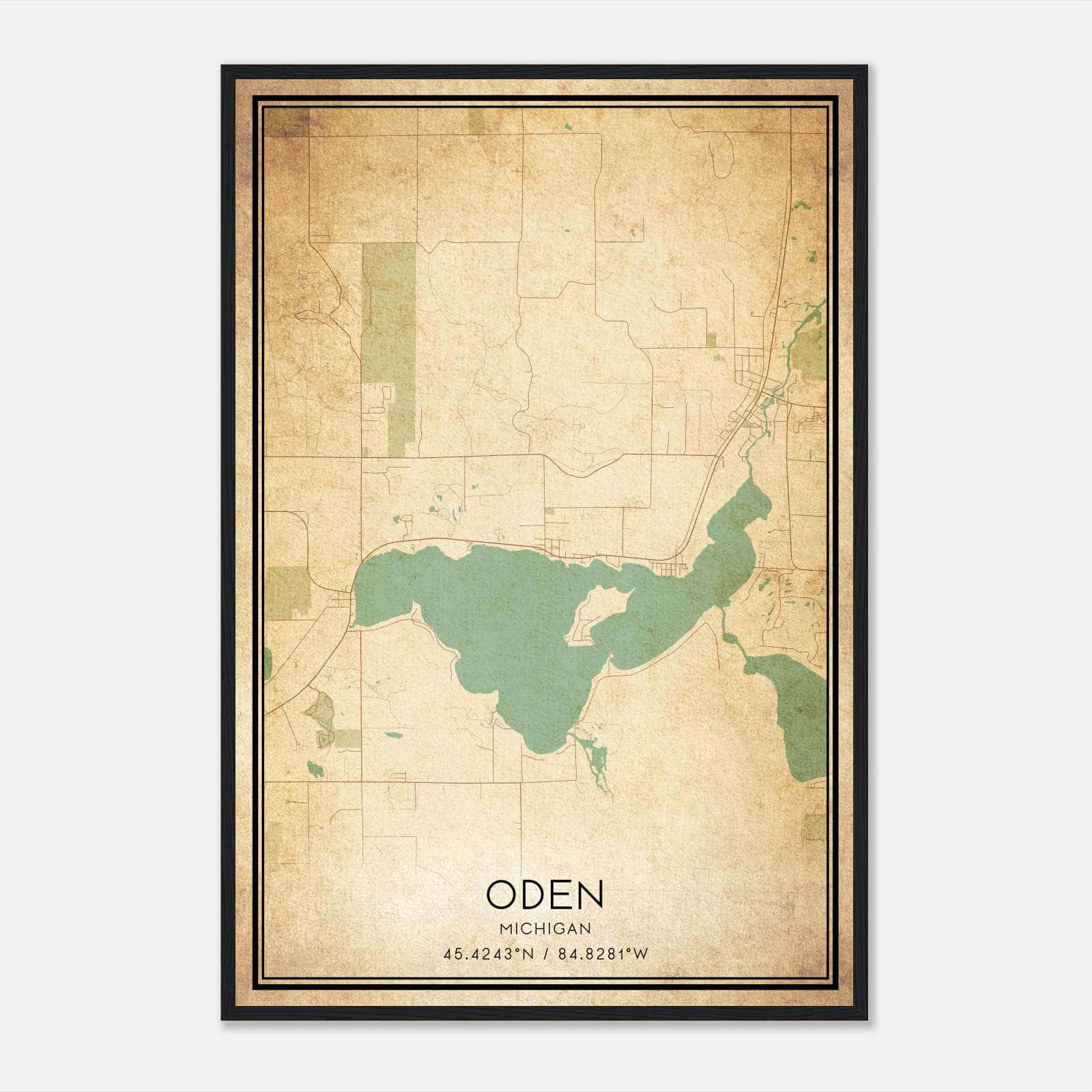 Vintage Oden Michigan Map Poster, Oden MI City Road Wall Art Print ...