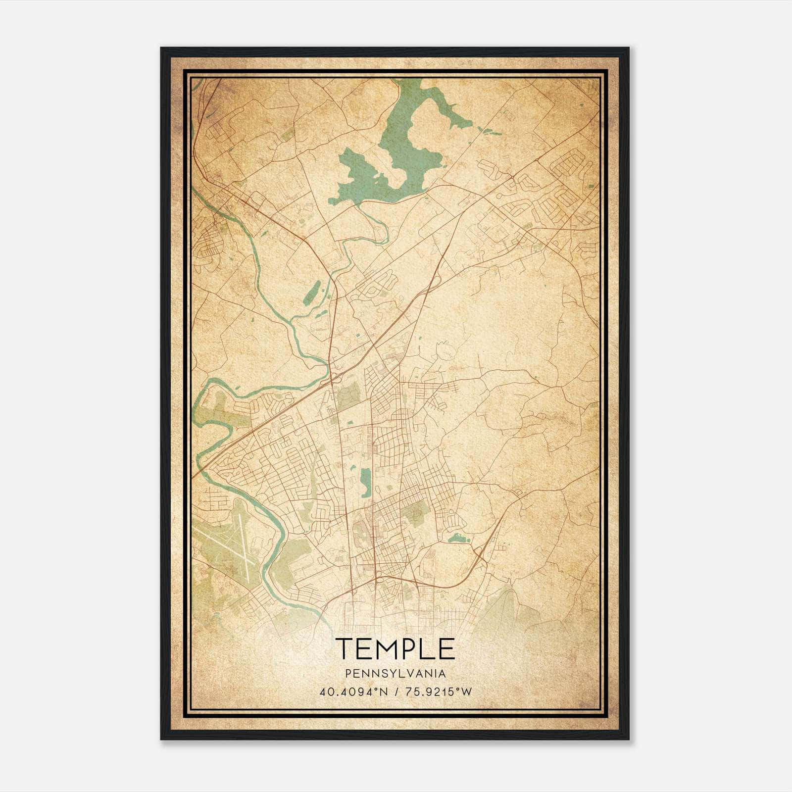 Vintage Temple Pennsylvania Map Poster, Temple PA City Road Wall Art ...