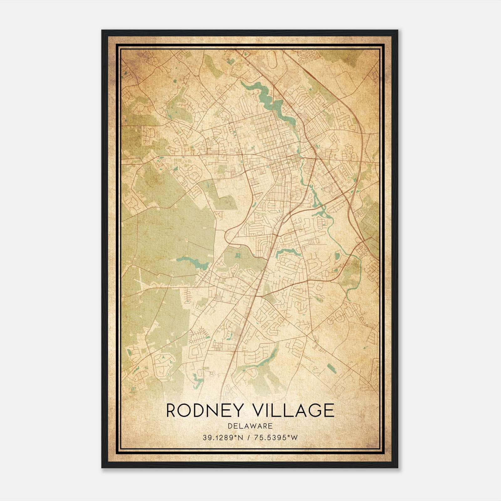 Vintage Rodney Village Delaware Map Poster, Rodney Village DE City Road ...