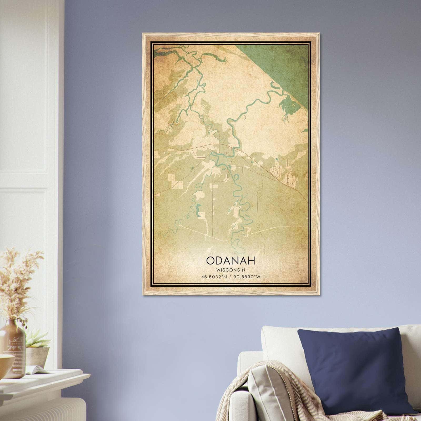 Vintage Odanah Wisconsin Map Poster, Odanah WI City Road Wall Art Print ...