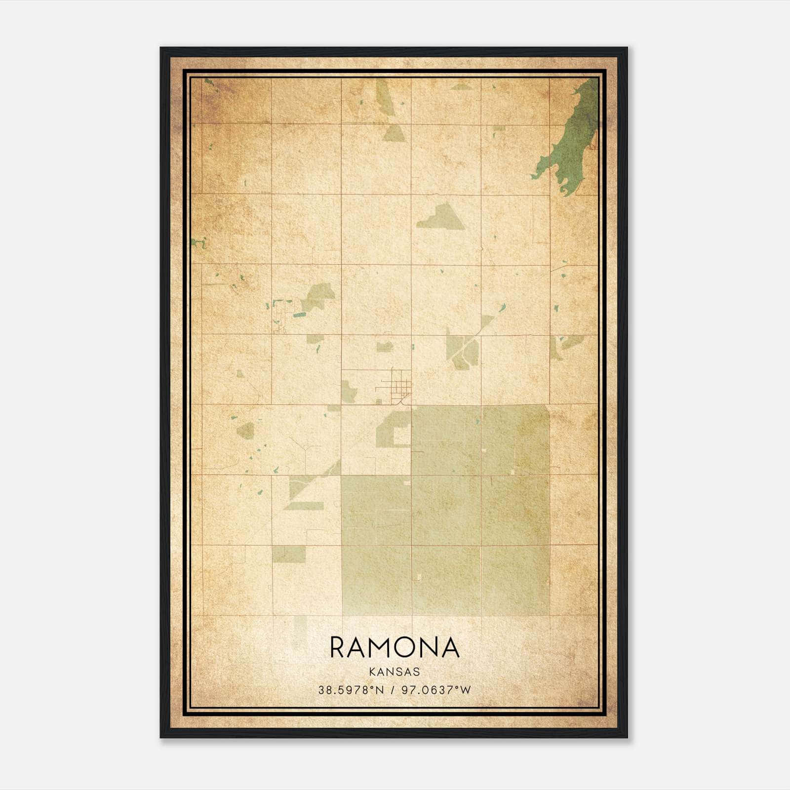 Vintage Ramona Kansas Map Poster, Ramona KS City Road Wall Art Print ...