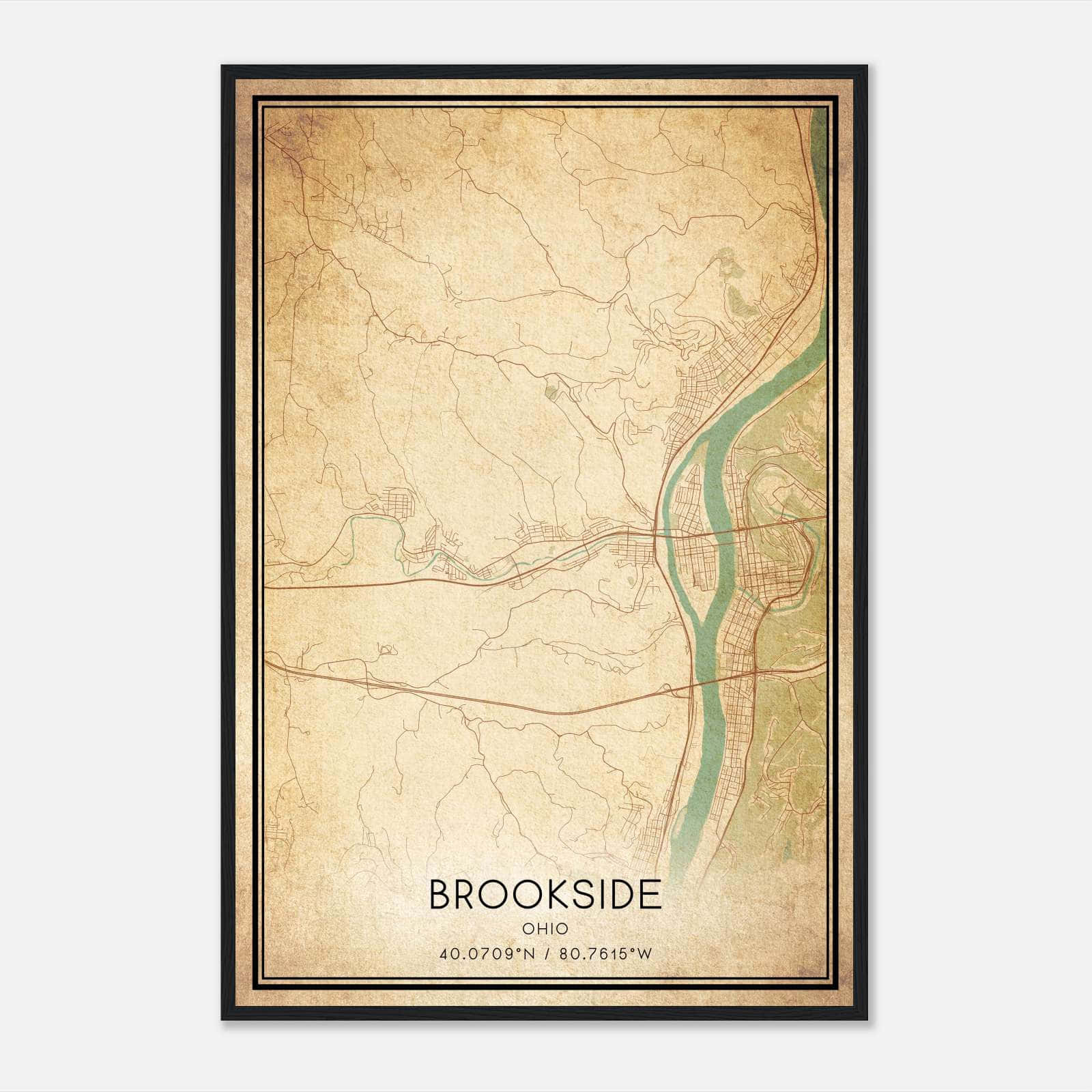 Vintage Brookside Ohio Map Poster, Brookside OH City Road Wall Art ...