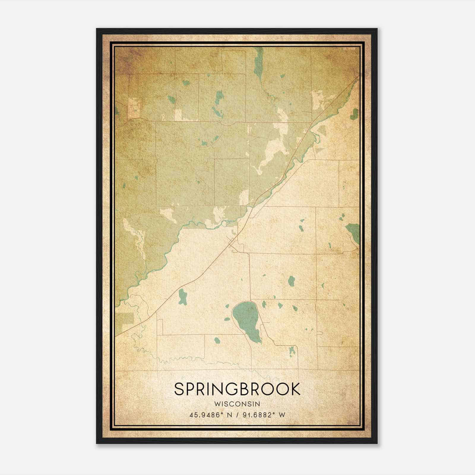 Vintage Springbrook Wisconsin Map Poster, Springbrook WI City Road Wall ...