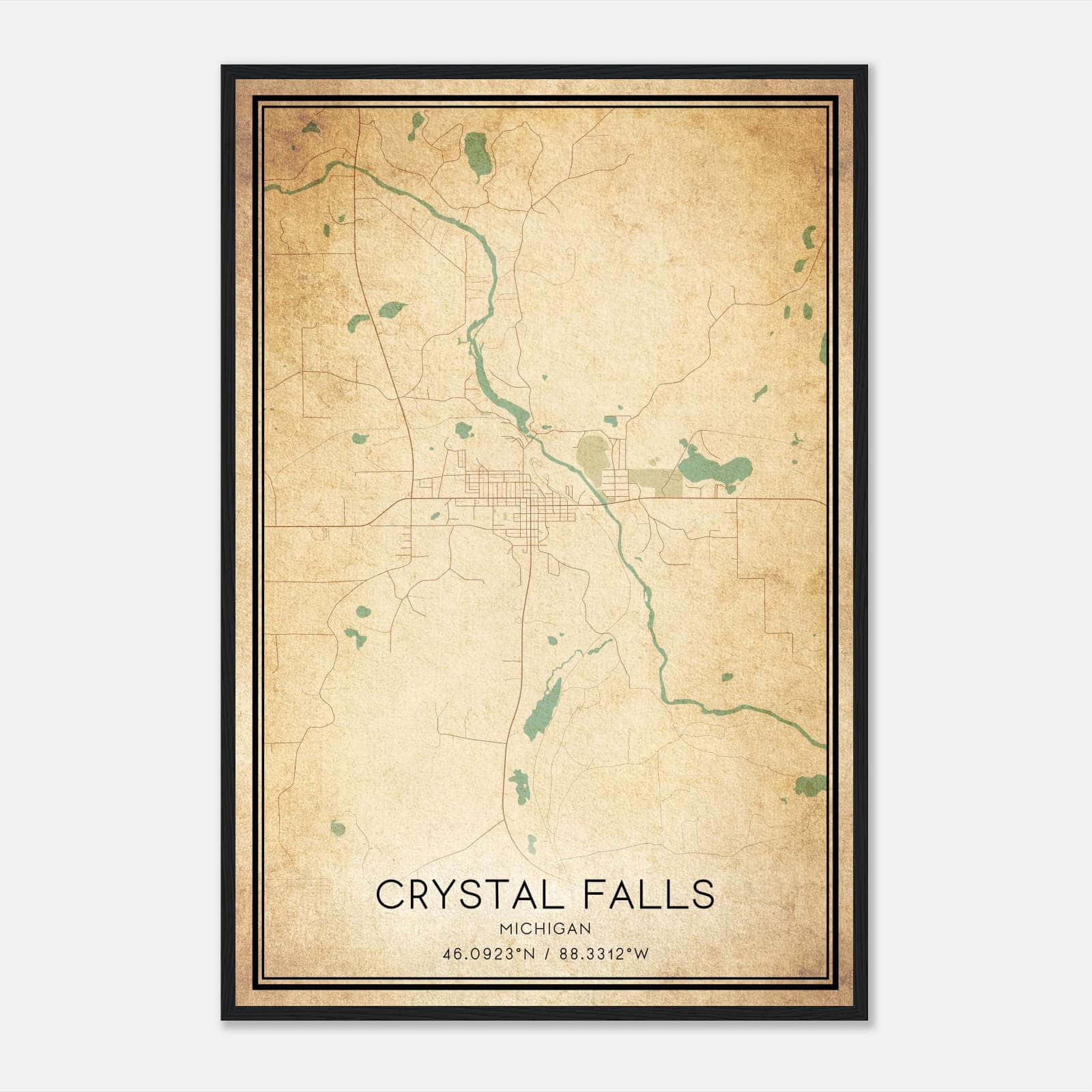 Vintage Crystal Falls Michigan Map Poster, Crystal Falls MI City Road ...