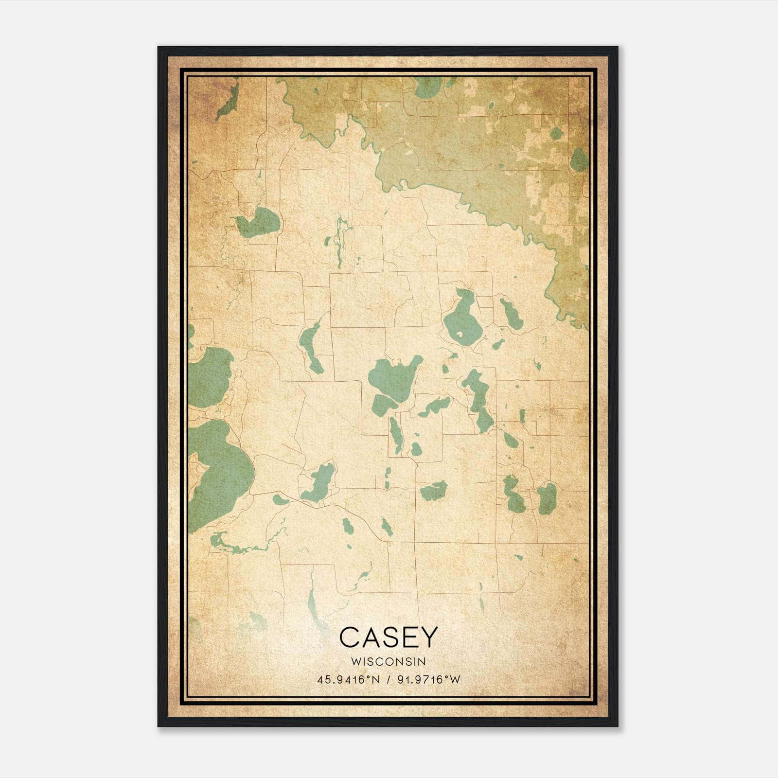 Vintage Casey Wisconsin Map Poster, Casey WI City Road Wall Art Print ...