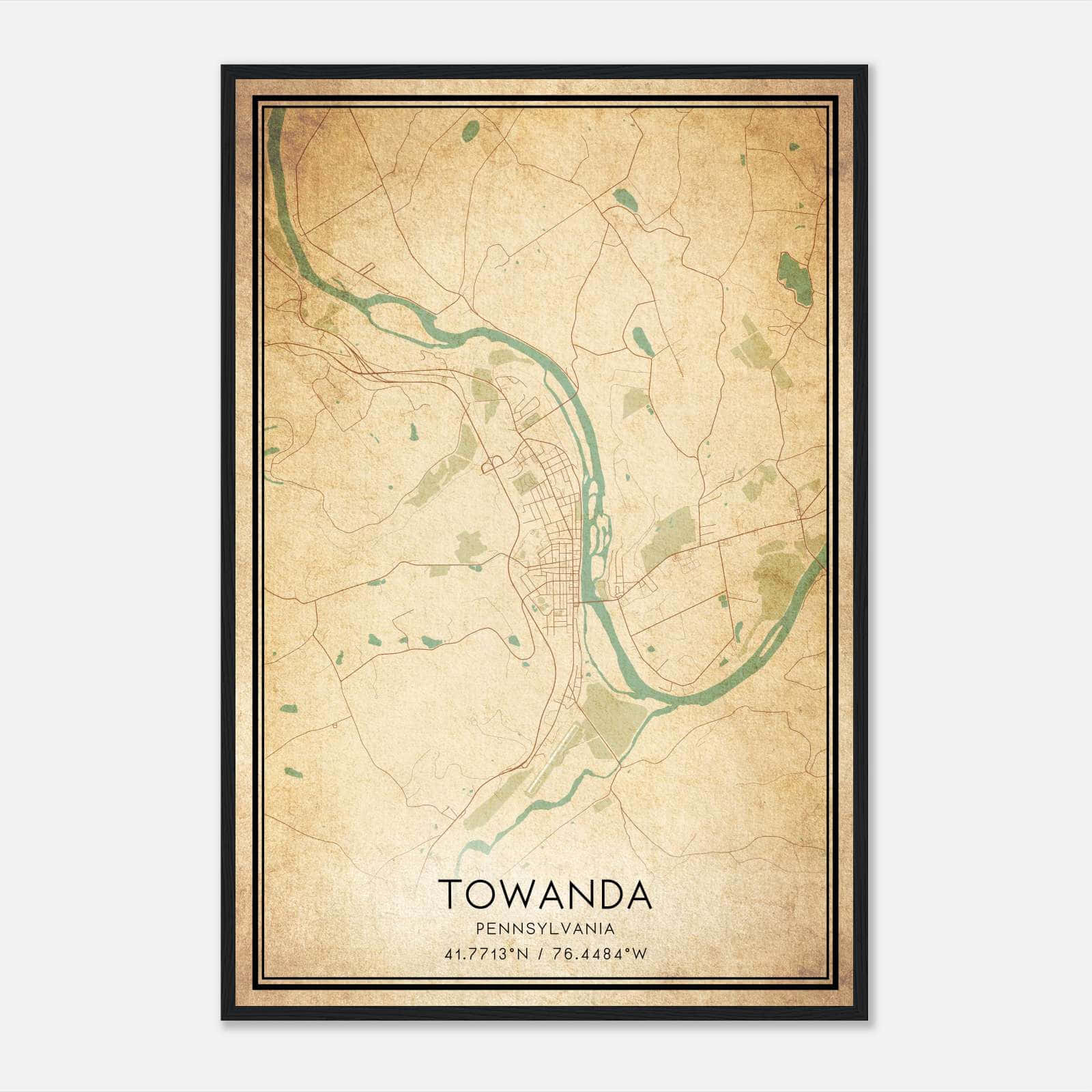 Vintage Towanda Pennsylvania Map Poster, Towanda PA City Road Wall Art ...
