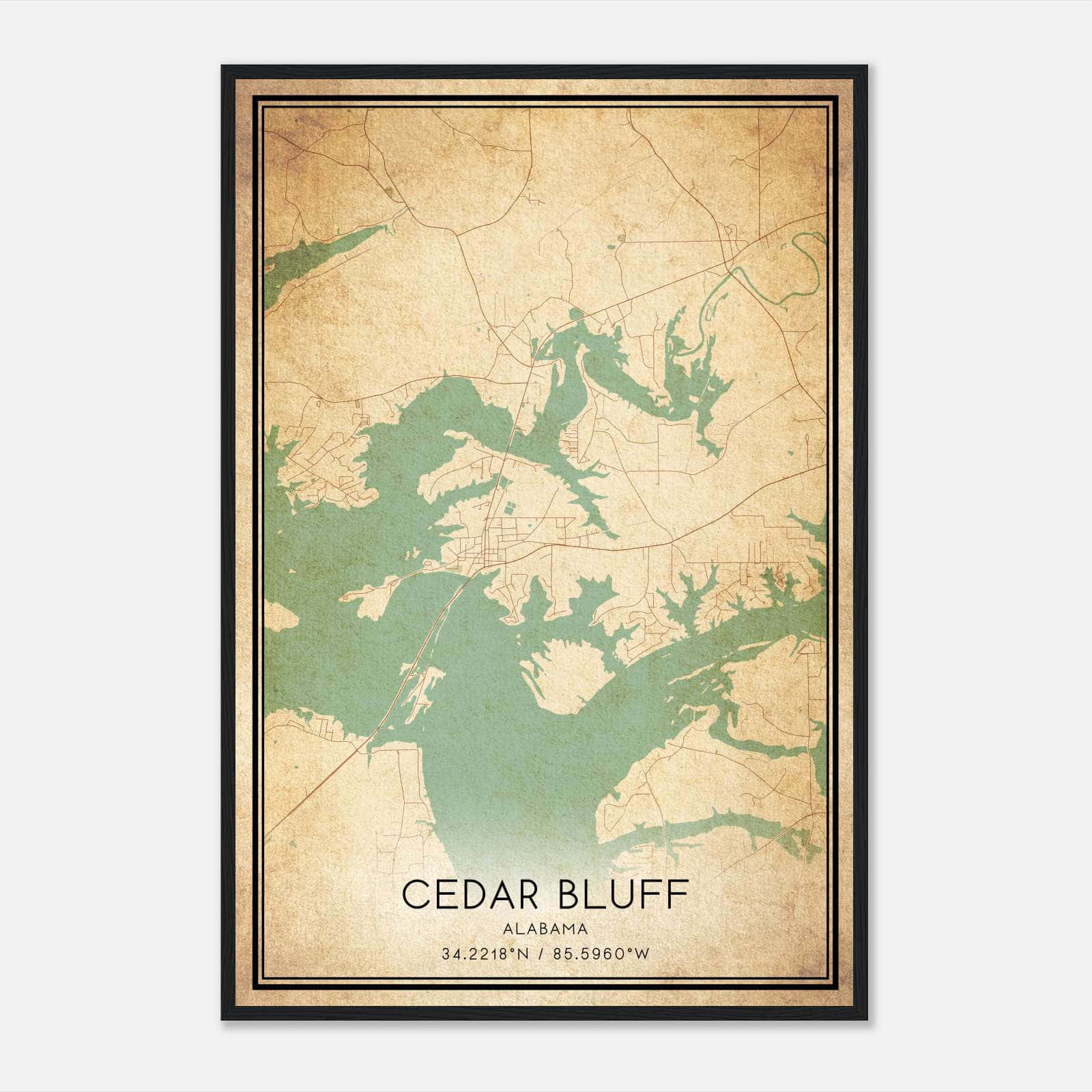 Vintage Cedar Bluff Alabama Map Poster, Cedar Bluff AL City Road Wall ...