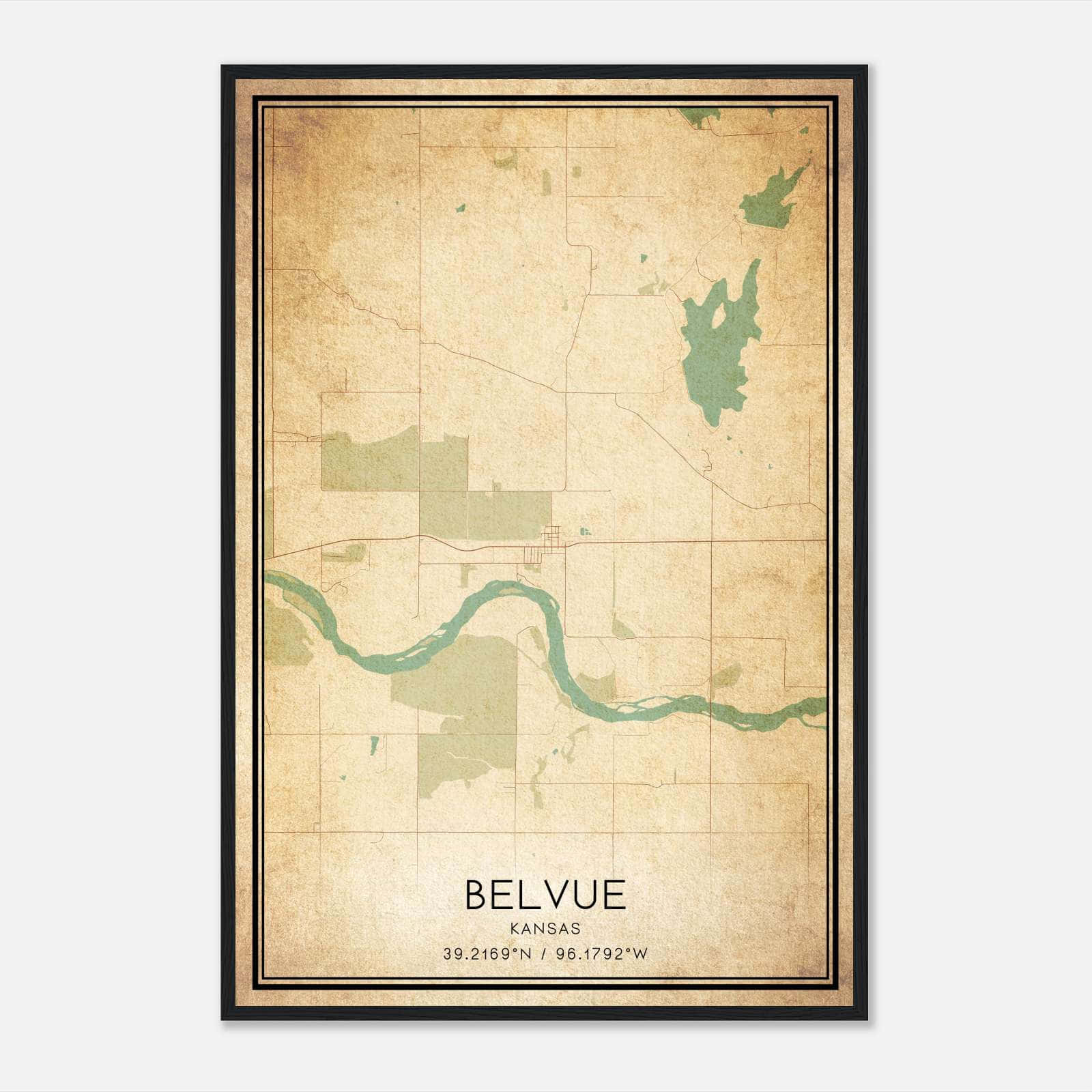 Vintage Belvue Kansas Map Poster Belvue Ks City Road Wall Art Print