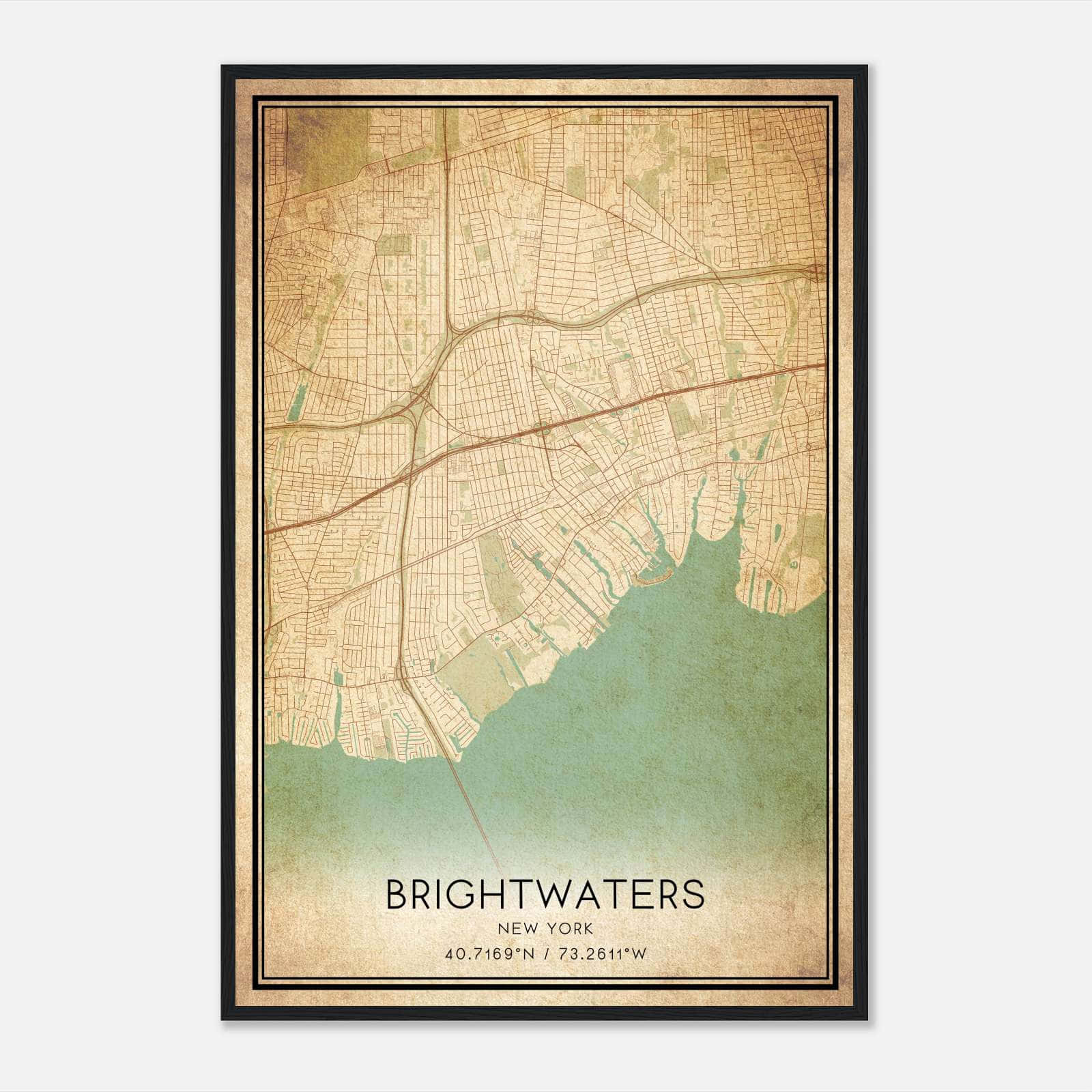 Vintage Brightwaters New York Map Poster, Brightwaters NY City Road Wall Art Print - Custom Maps ...