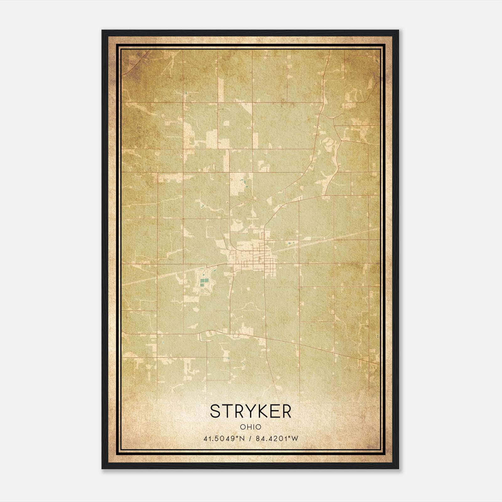 Vintage Stryker Ohio Map Poster, Stryker OH City Road Wall Art Print ...