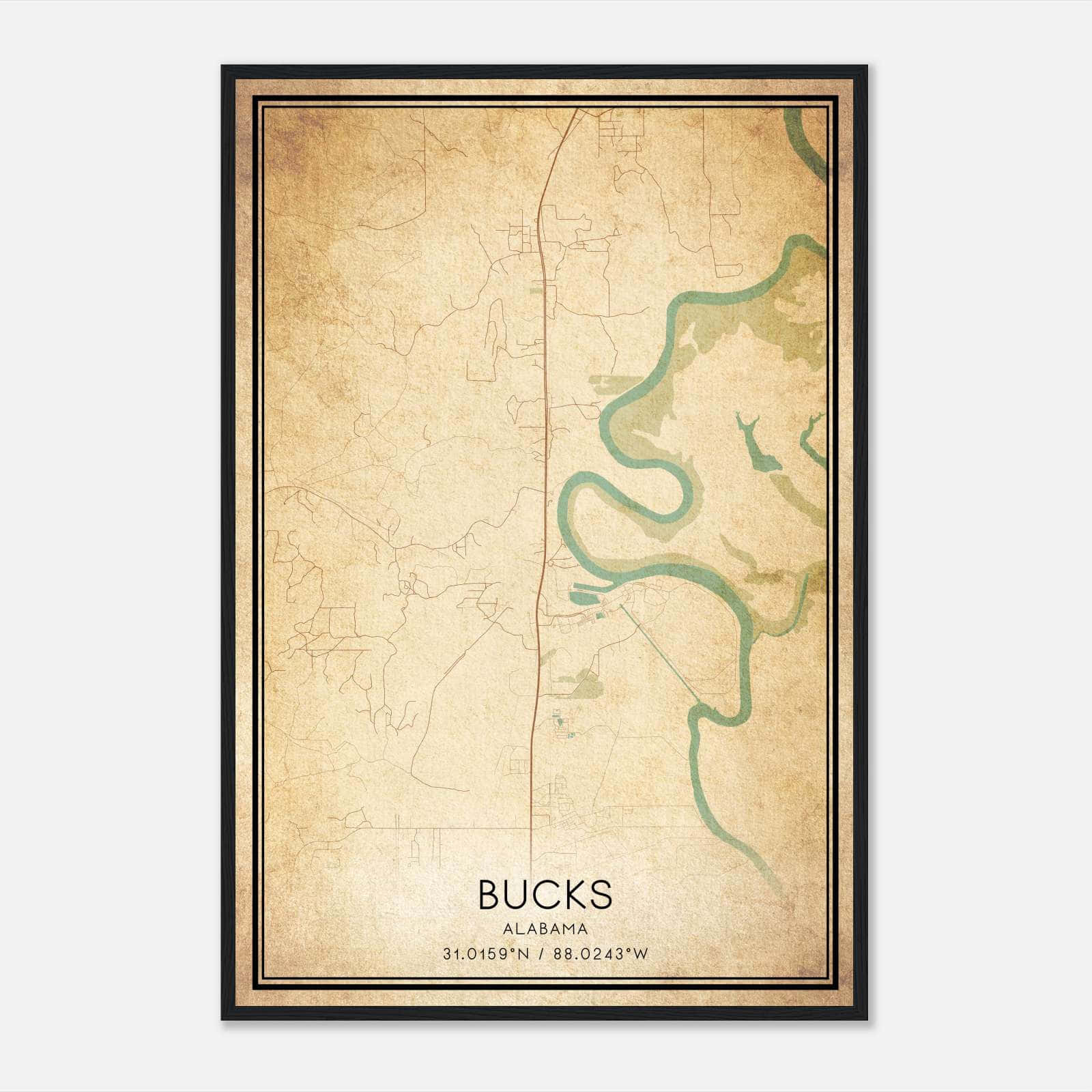Vintage Bucks Alabama Map Poster, Bucks AL City Road Wall Art Print ...