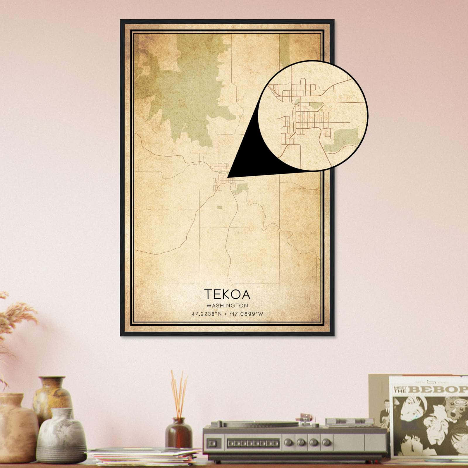 Vintage Tekoa Washington Map Poster, Tekoa WA City Road Wall Art Print ...