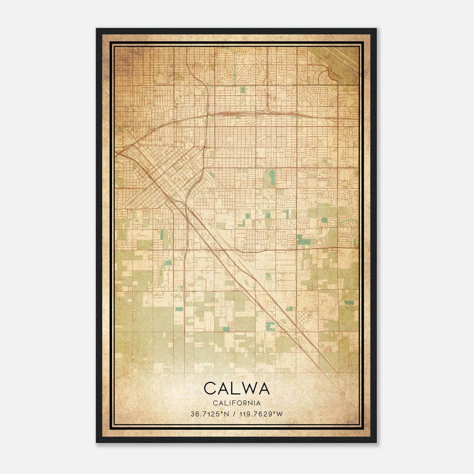Vintage Calwa California Map Poster, Calwa CA City Road Wall Art Print ...