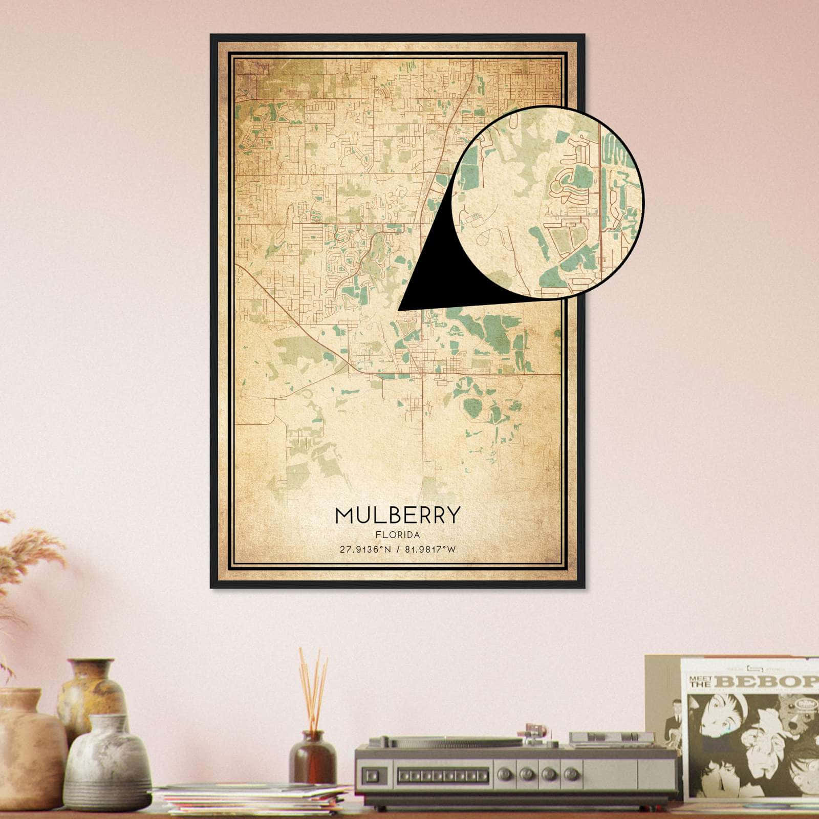 Vintage Mulberry Florida Map Poster, Mulberry FL City Road Wall Art ...