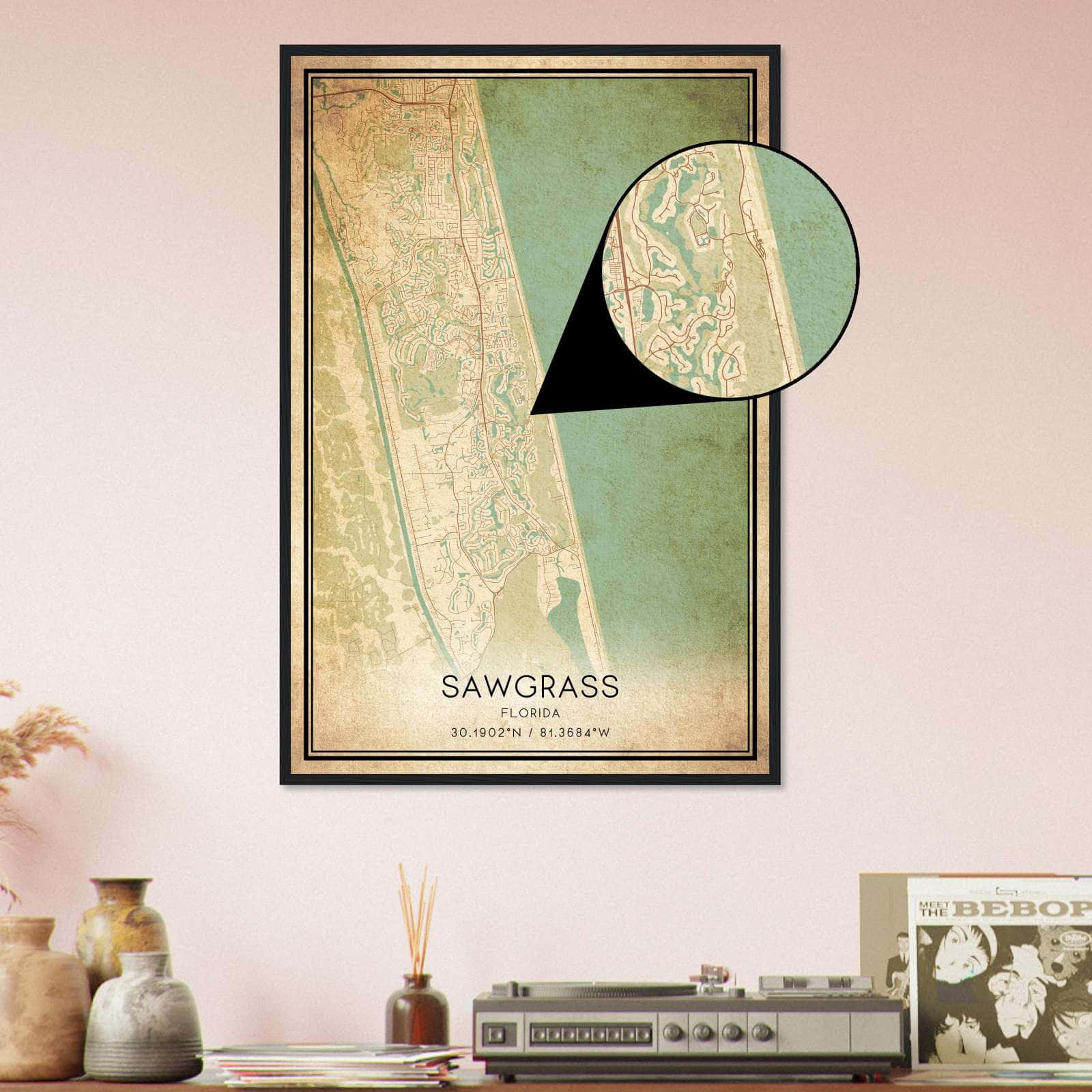 Vintage Sawgrass Florida Map Poster, Sawgrass FL City Road Wall Art ...