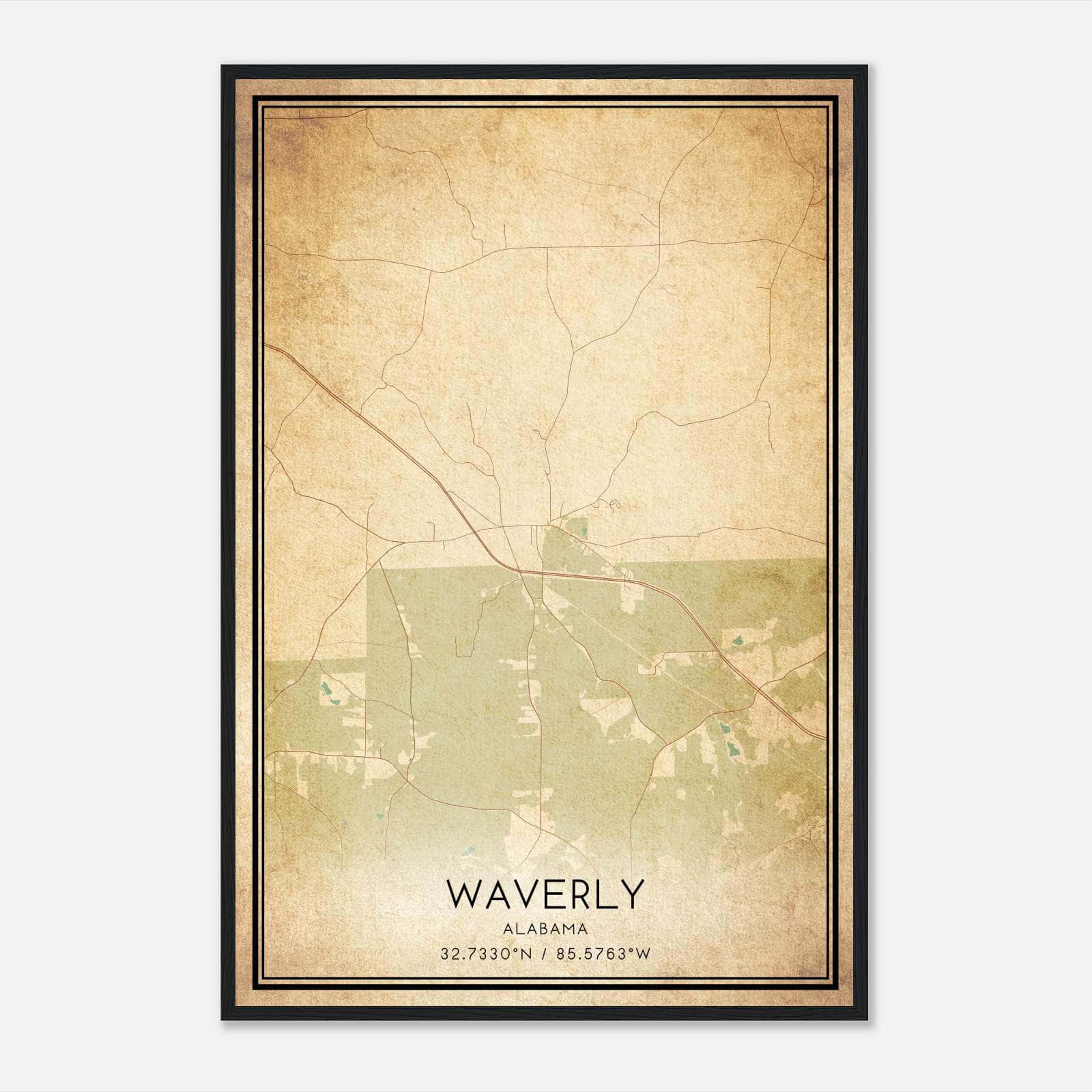 Vintage Waverly Alabama Map Poster, Waverly AL City Road Wall Art Print ...