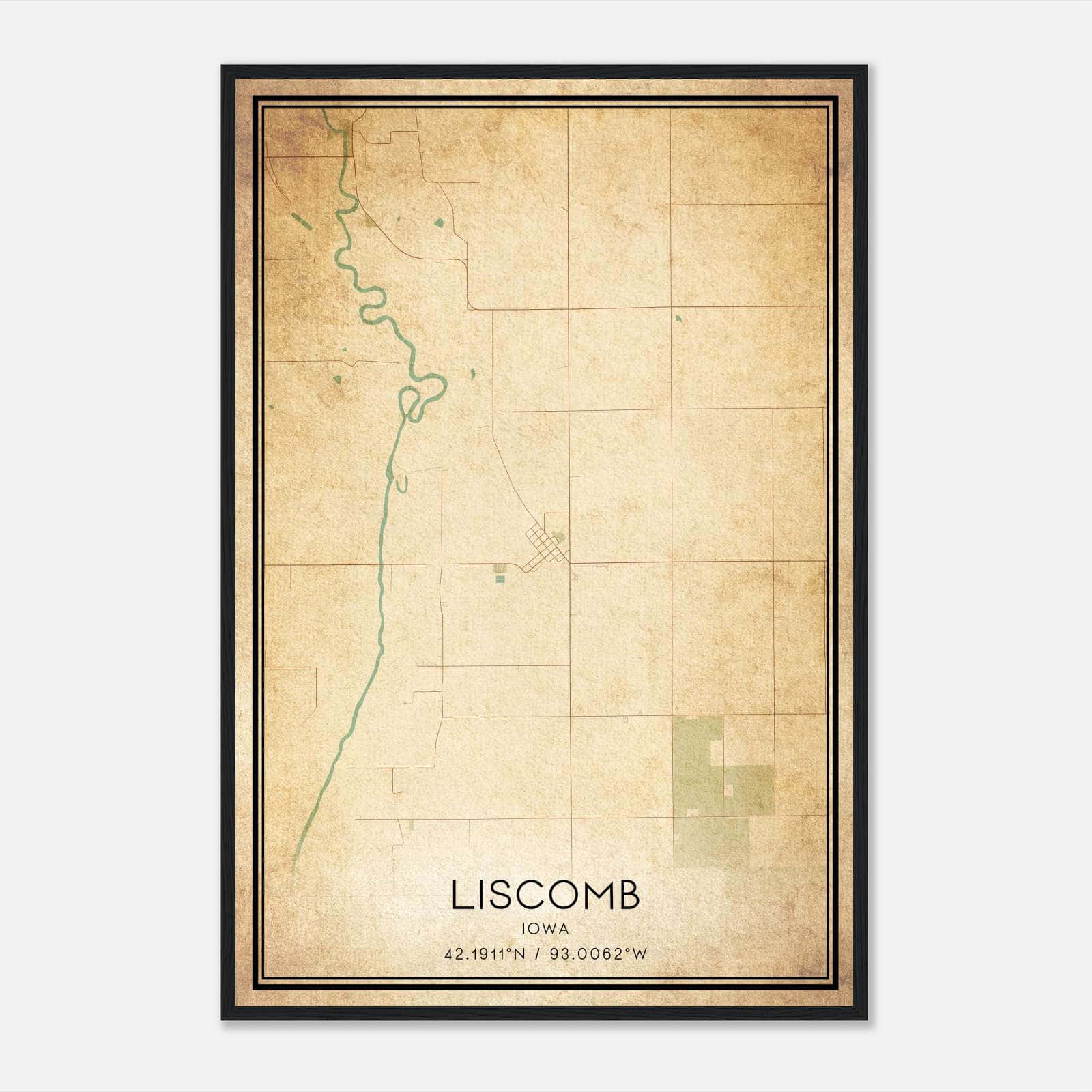 Vintage Liscomb Iowa Map Poster, Liscomb IA City Road Wall Art Print ...