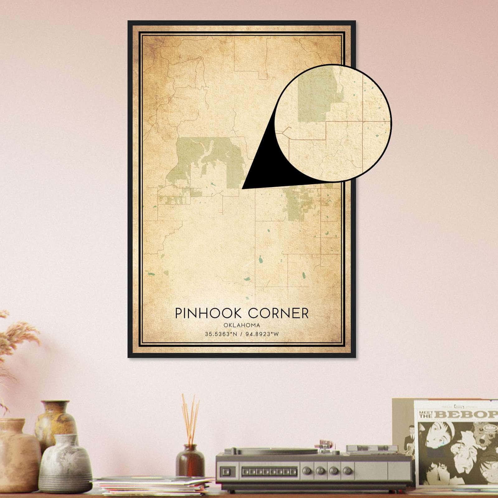Vintage Pinhook Corner Oklahoma Map Poster, Pinhook Corner OK City Road ...