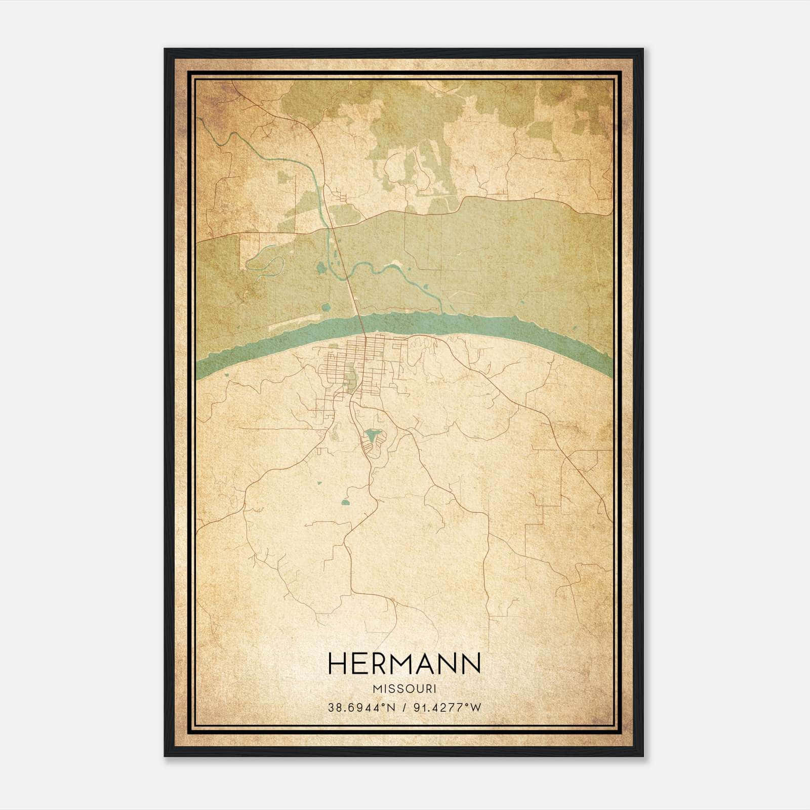 Vintage Hermann Missouri Map Poster, Hermann MO City Road Wall Art ...