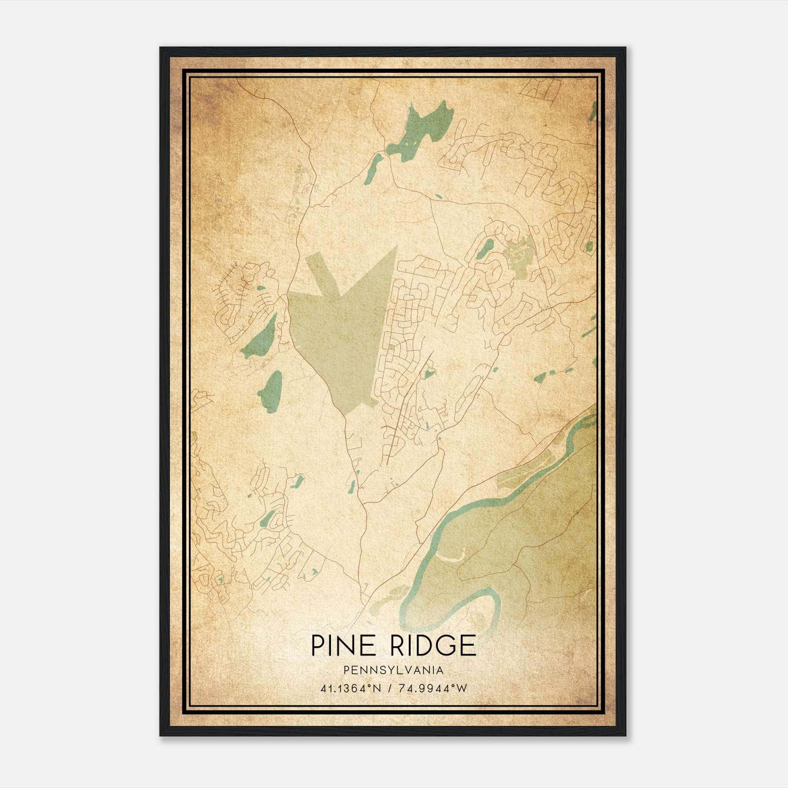 Vintage Pine Ridge Pennsylvania Map Poster, Pine Ridge PA City Road ...