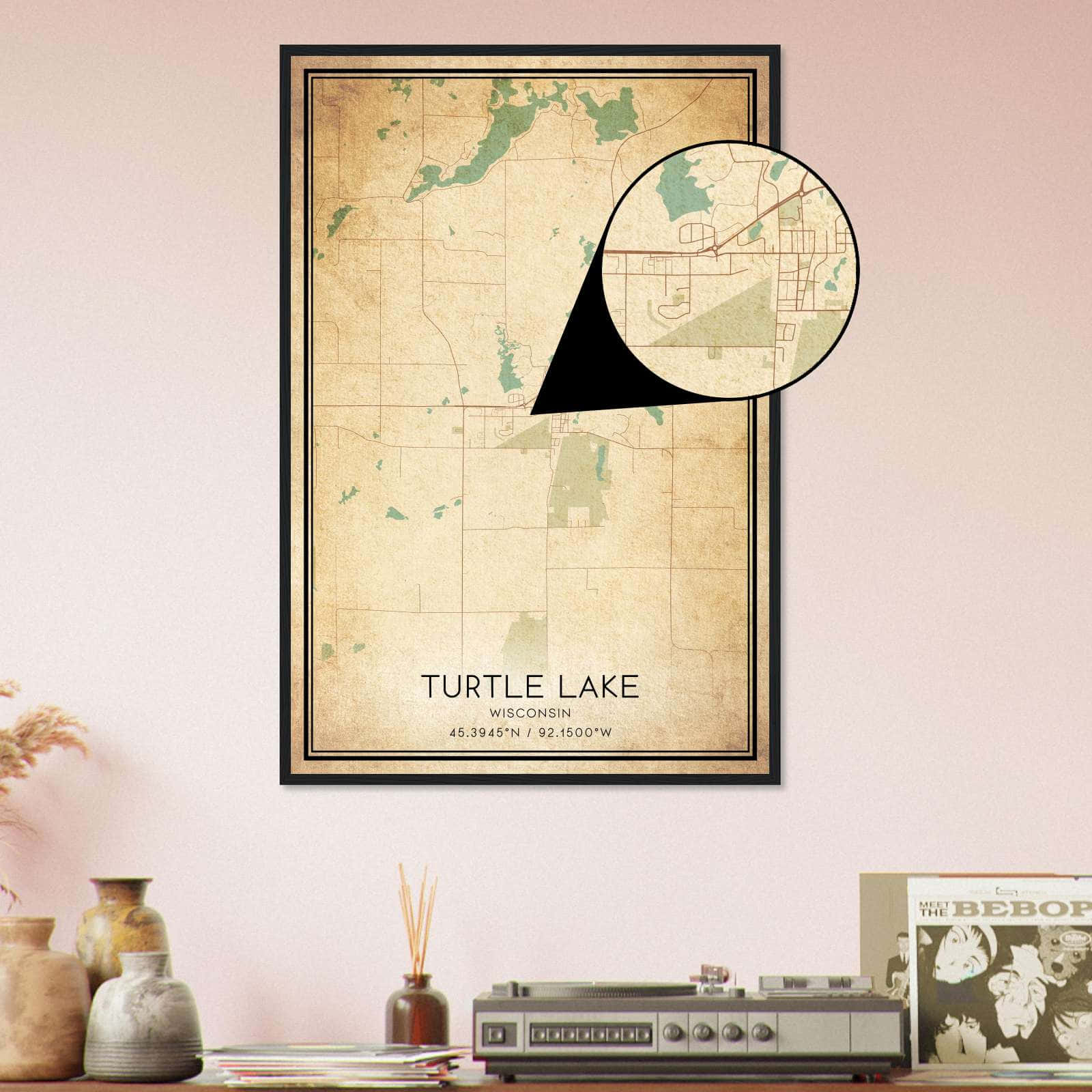 Vintage Turtle Lake Wisconsin Map Poster, Turtle Lake WI City Road Wall ...