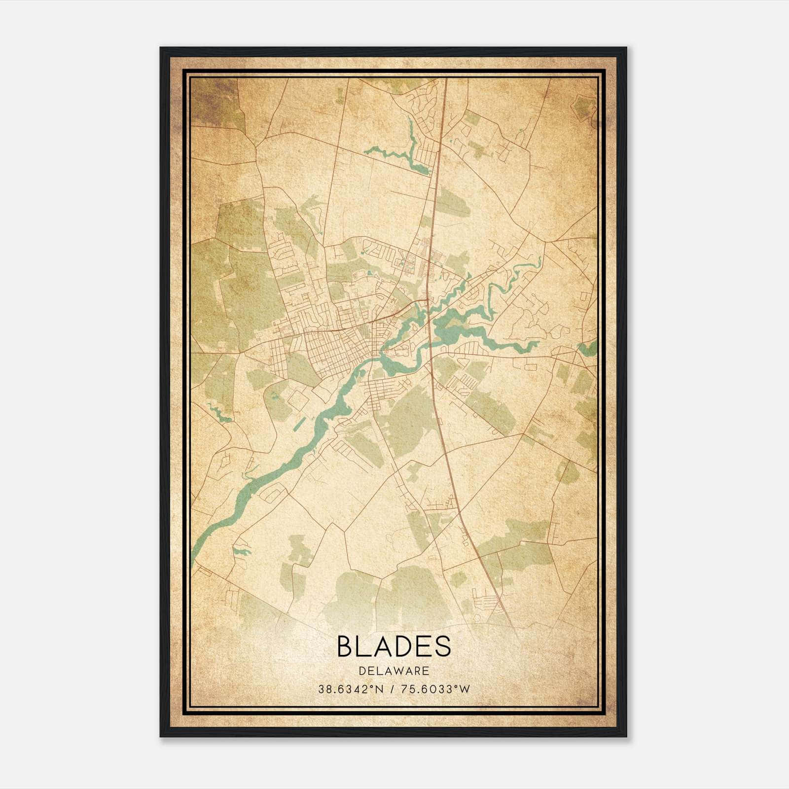Vintage Blades Delaware Map Poster, Blades DE City Road Wall Art Print ...