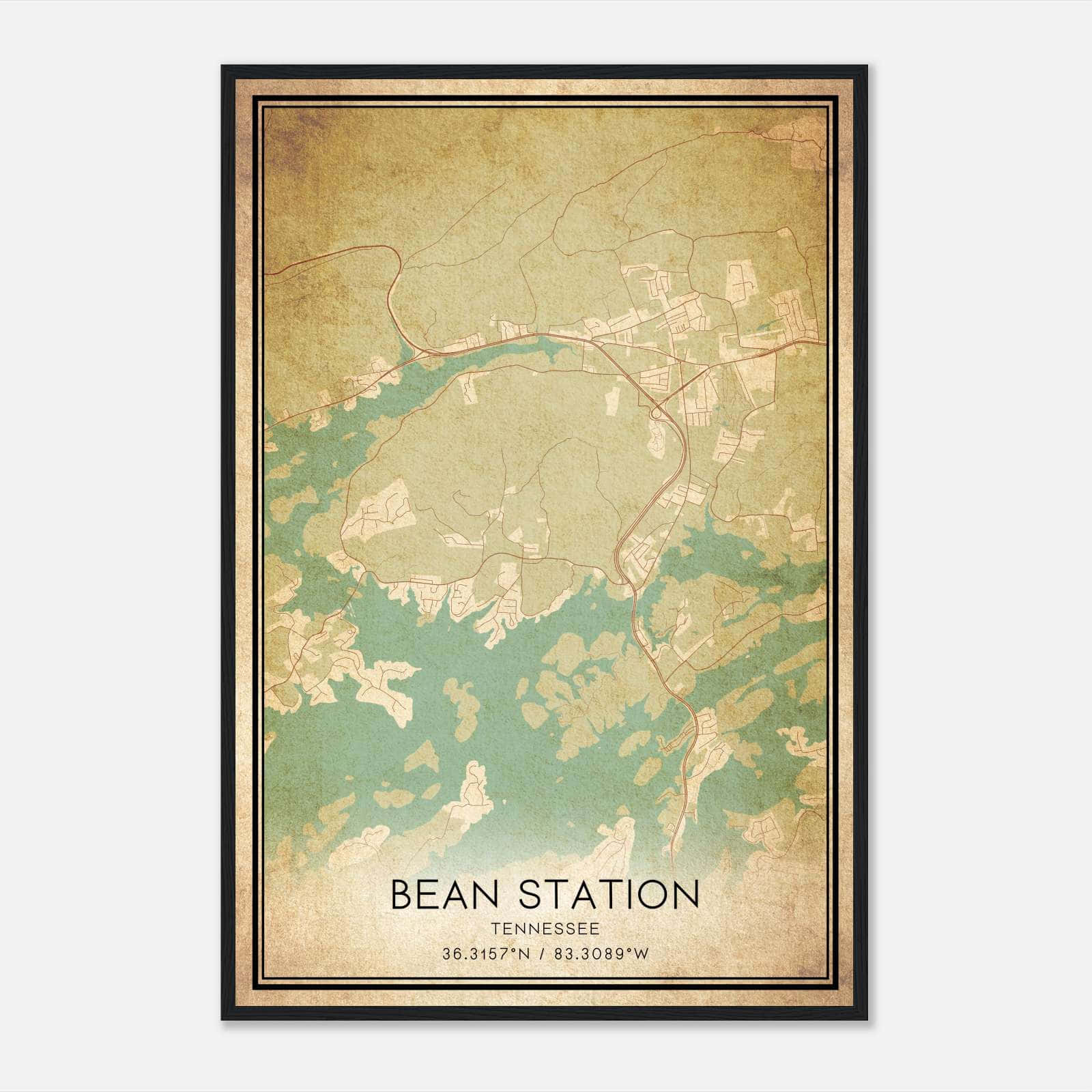 Vintage Bean Station Tennessee Map Poster, Bean Station TN City Road ...