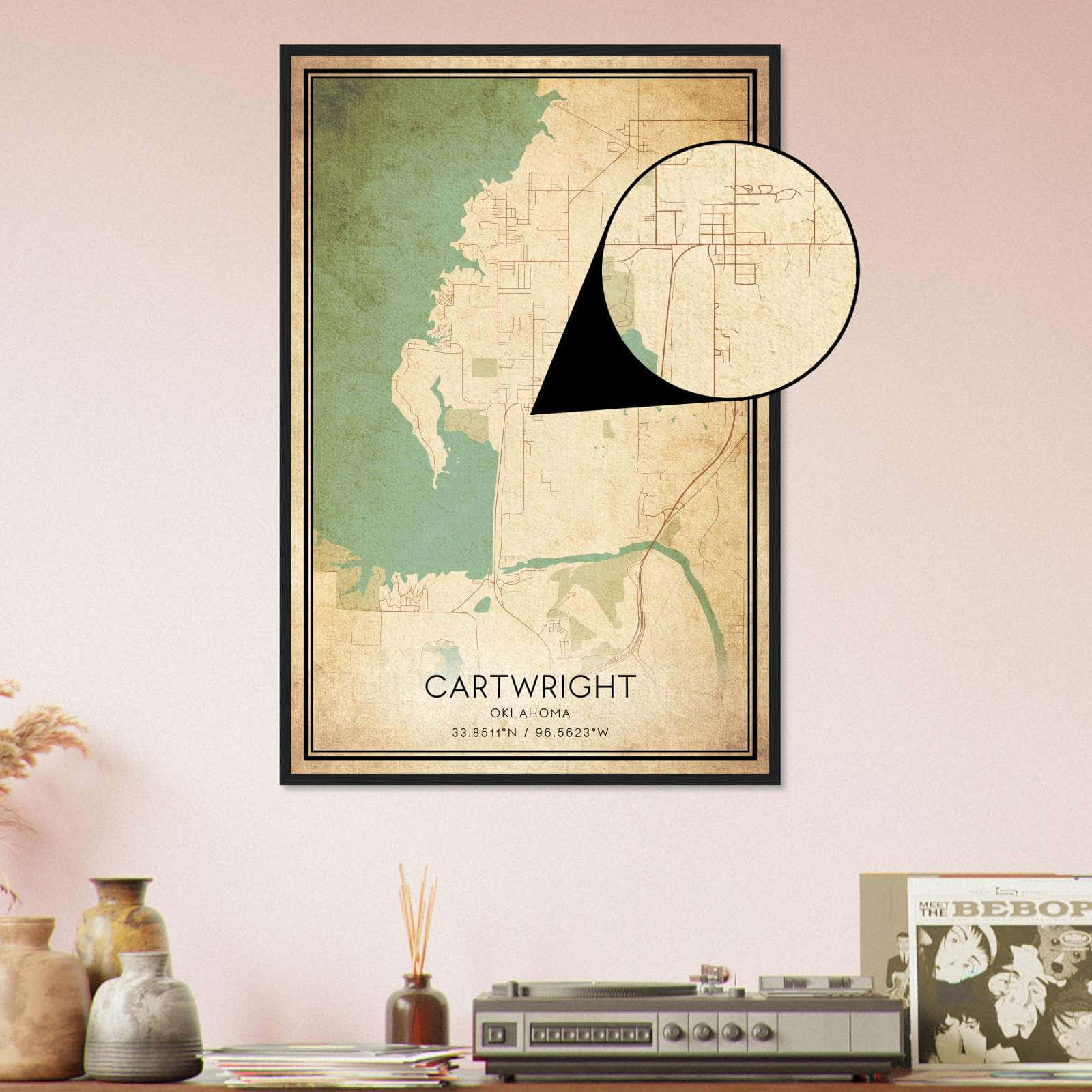 Vintage Cartwright Oklahoma Map Poster, Cartwright OK City Road Wall ...