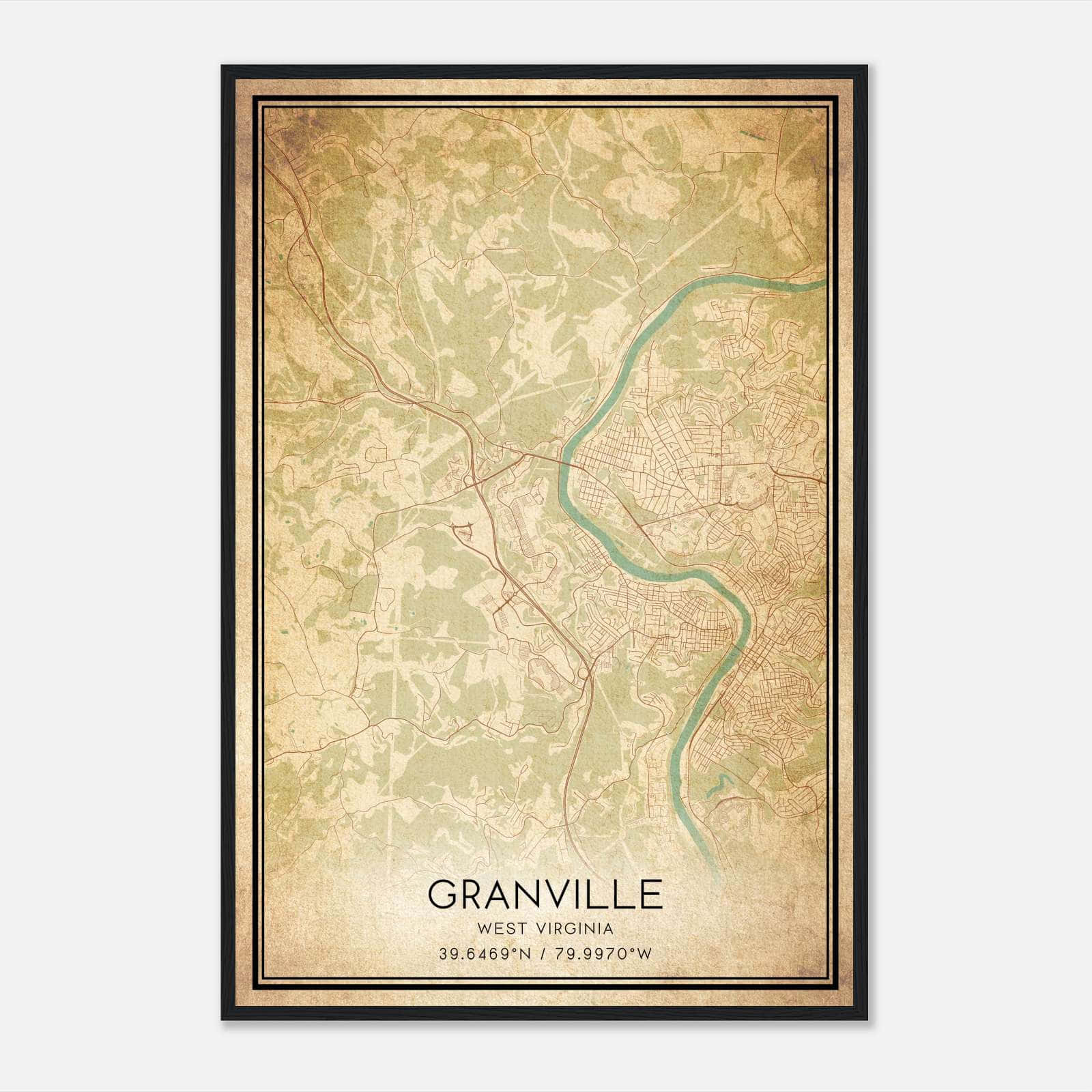 Vintage Granville West Virginia Map Poster, Granville WV City Road Wall Art Print - Custom Maps ...