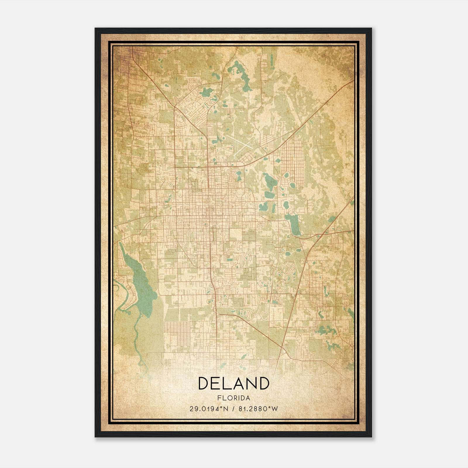 Vintage Deland Florida Map Poster, Deland FL City Road Wall Art Print ...
