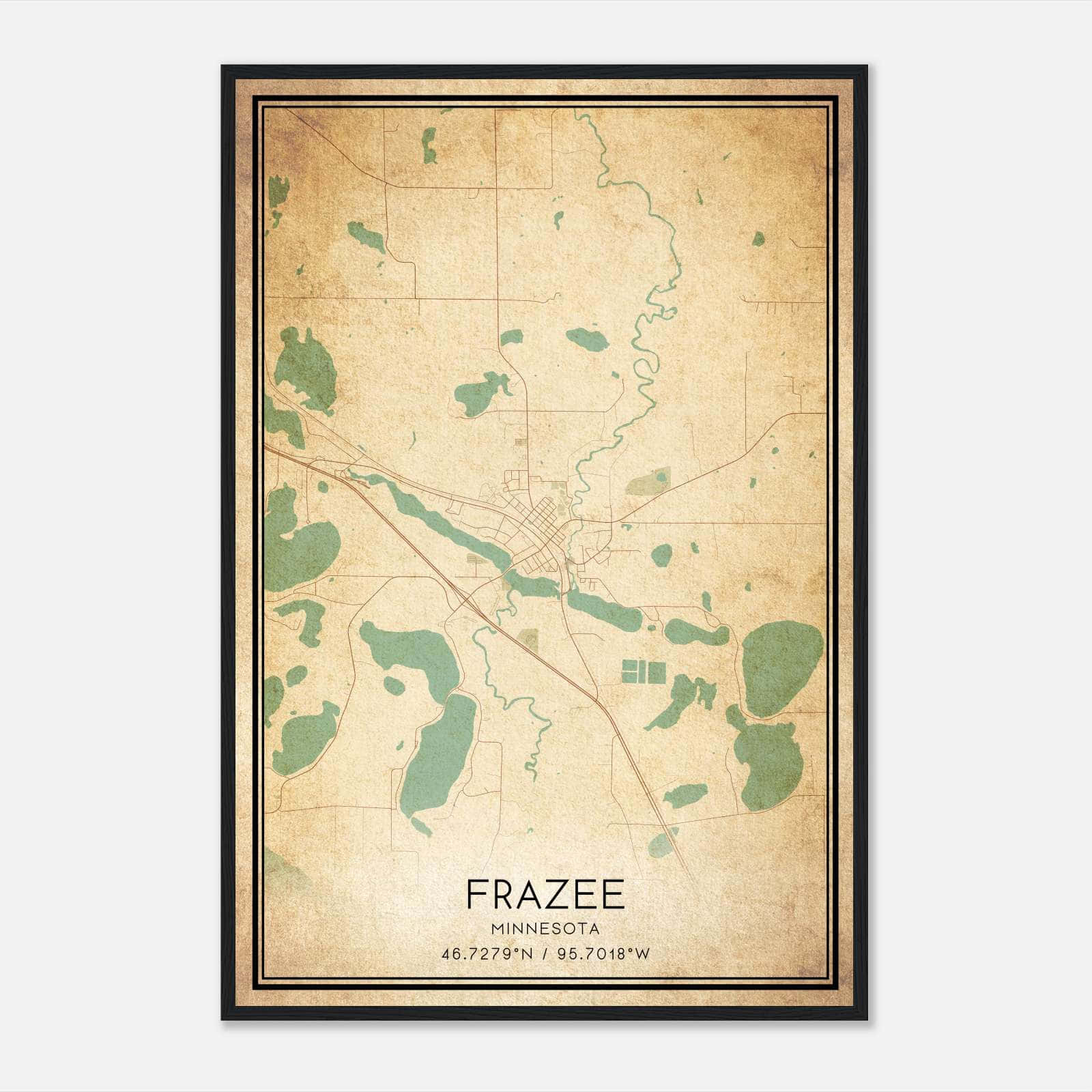 Vintage Frazee Minnesota Map Poster, Frazee MN City Road Wall Art Print ...