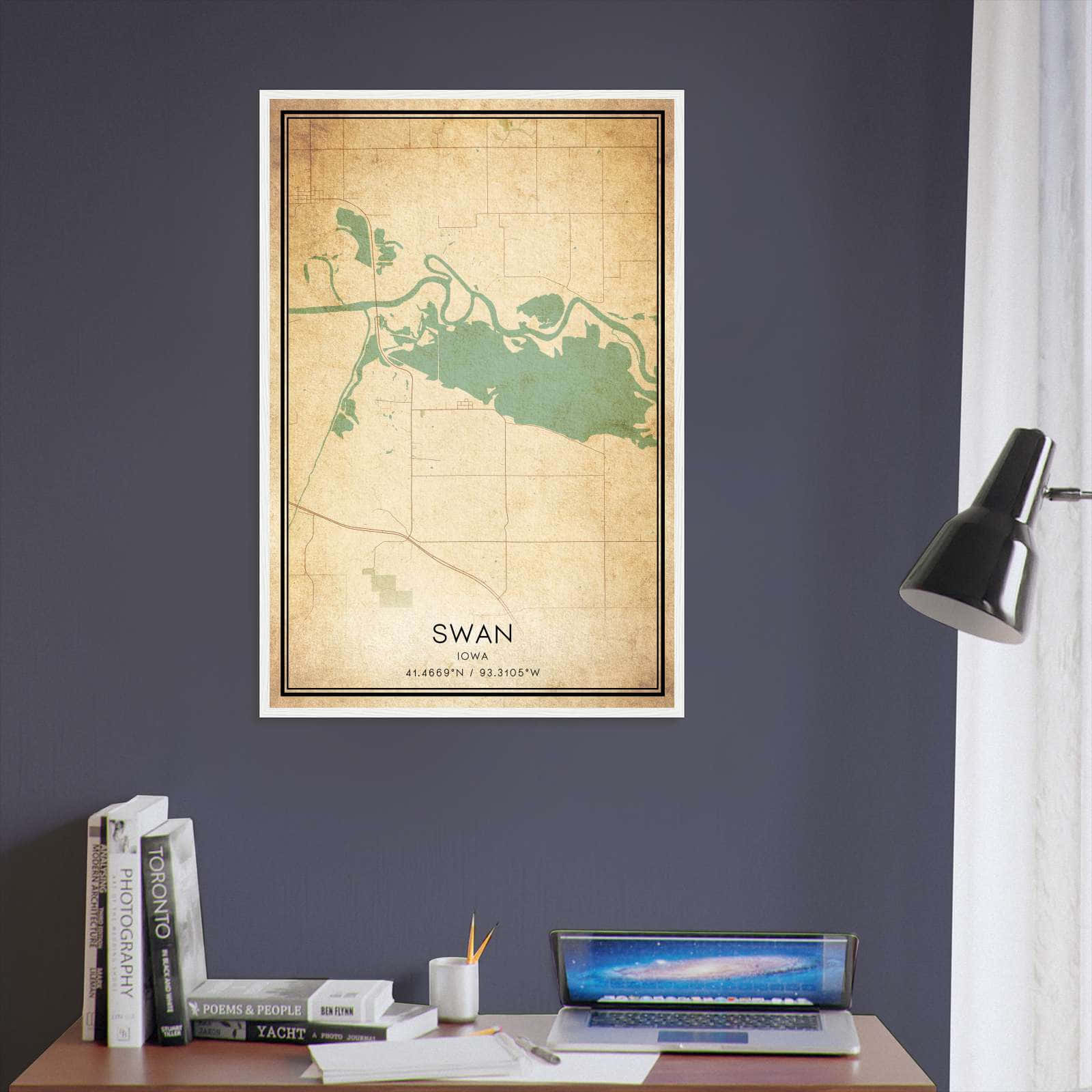 Vintage Swan Iowa Map Poster, Swan IA City Road Wall Art Print - Custom ...
