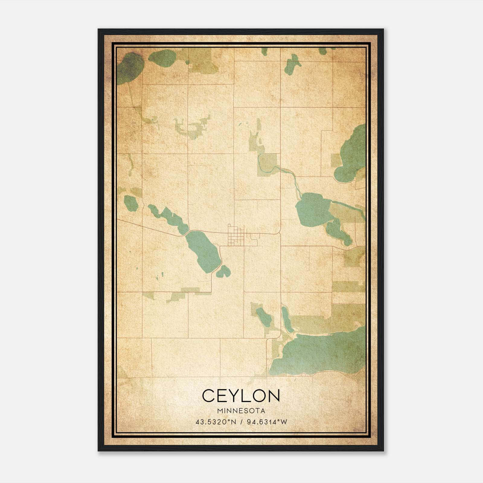 Vintage Ceylon Minnesota Map Poster, Ceylon MN City Road Wall Art Print ...