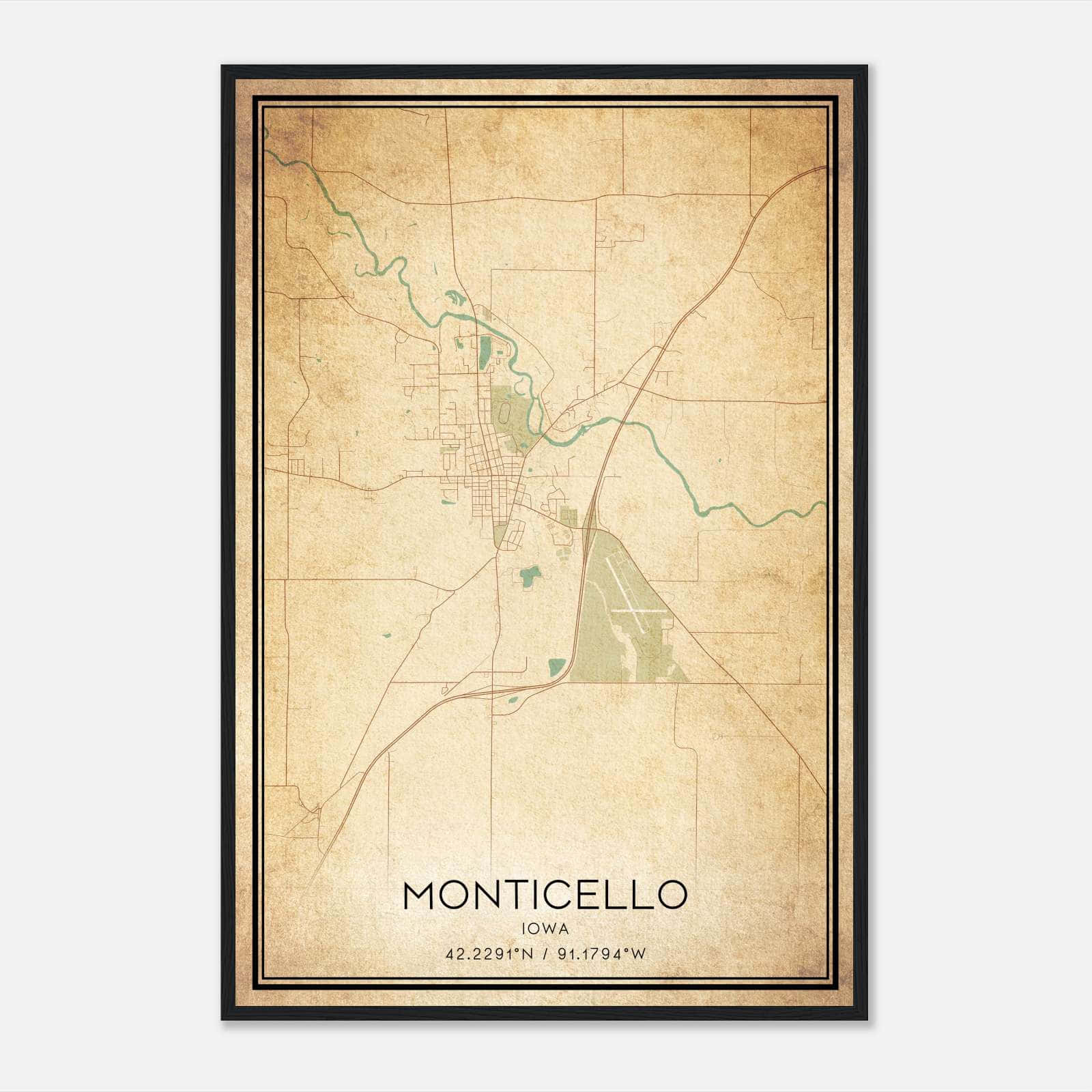 Vintage Monticello Iowa Map Poster, Monticello IA City Road Wall Art ...
