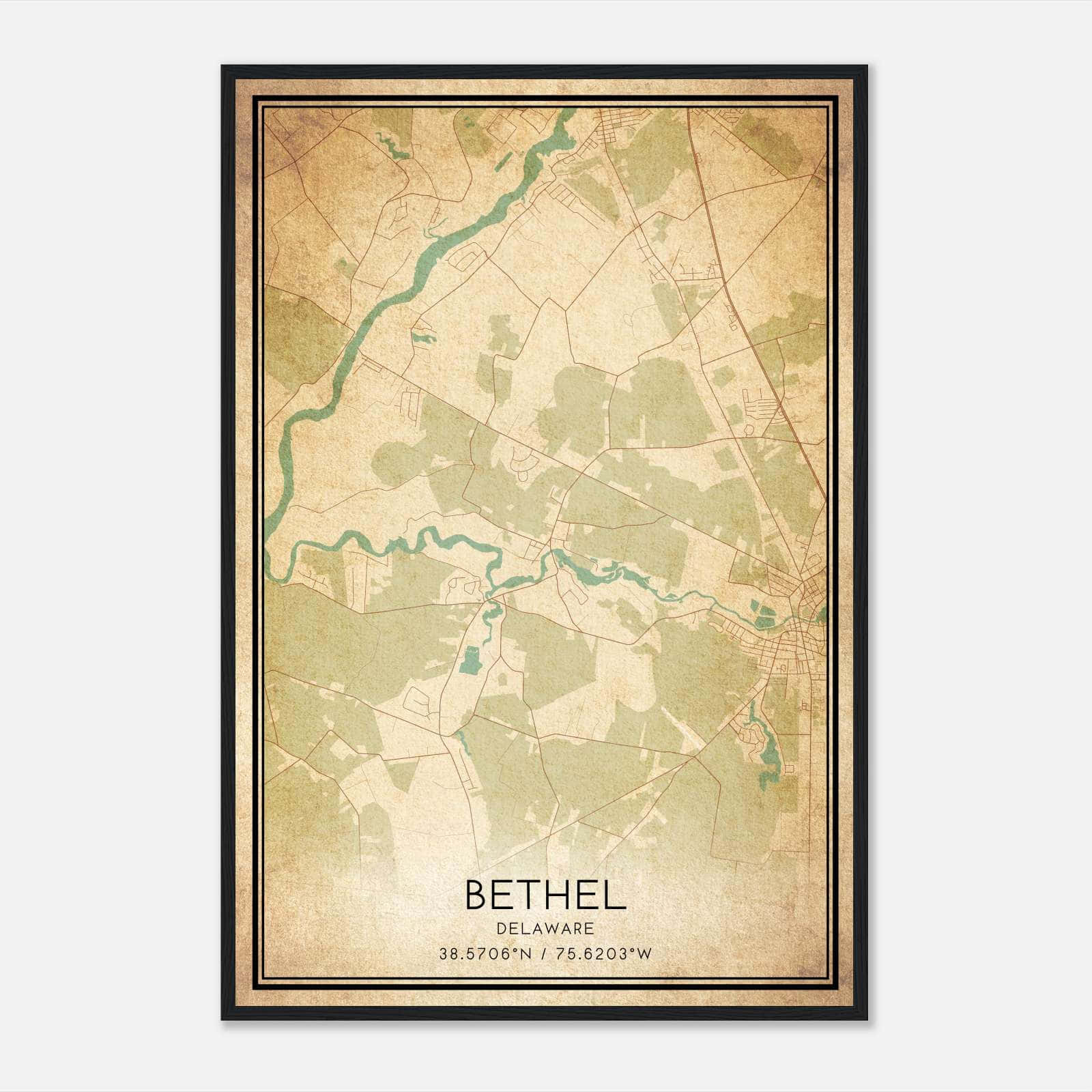 Vintage Bethel Delaware Map Poster, Bethel DE City Road Wall Art Print ...